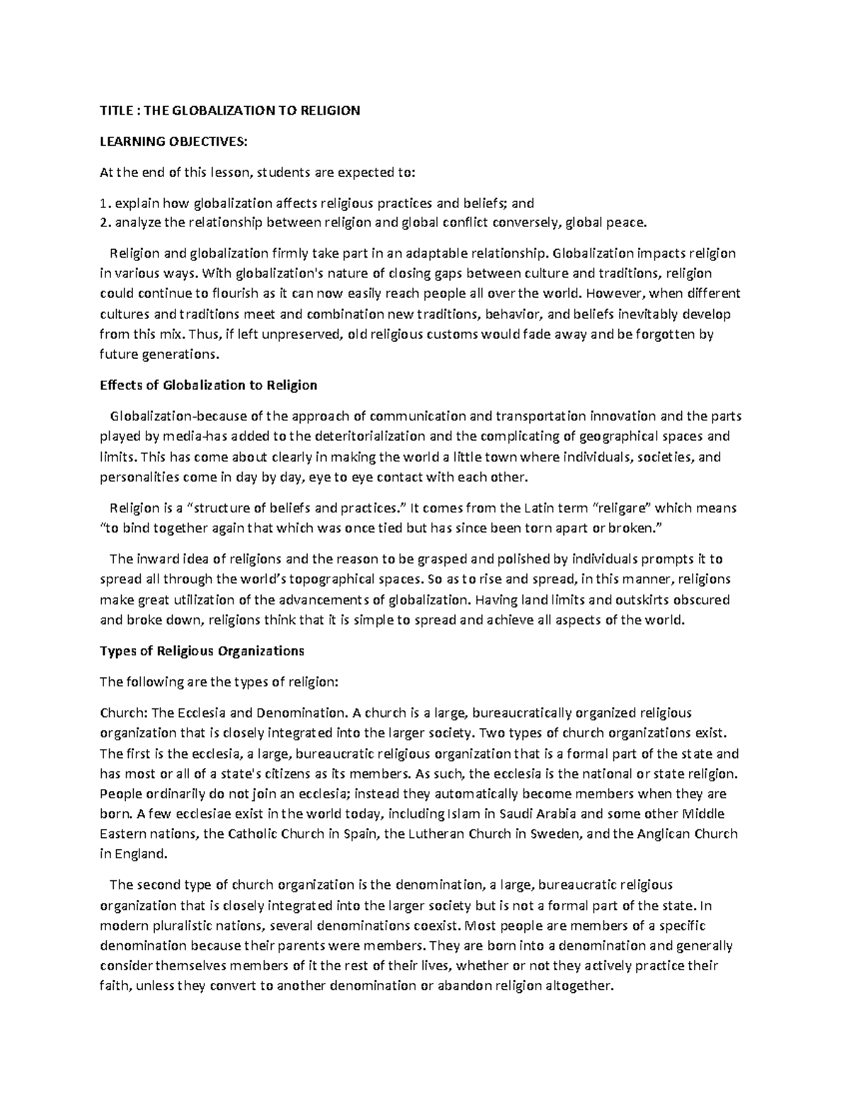 THE Globalization TO Religion - TITLE : THE GLOBALIZATION TO RELIGION ...