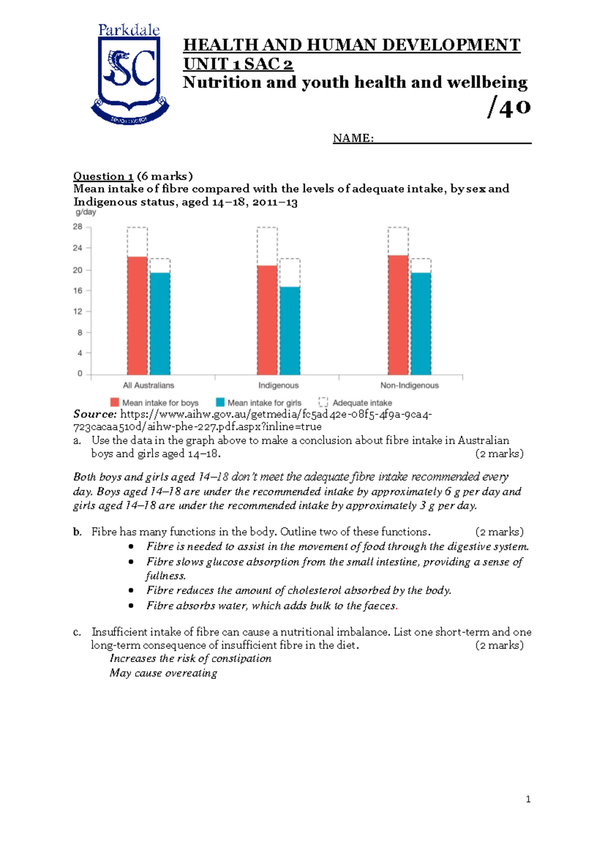 11 HHD - Unit 1 - SAC 2 Practice Answers 2024 - HEALTH AND HUMAN ...