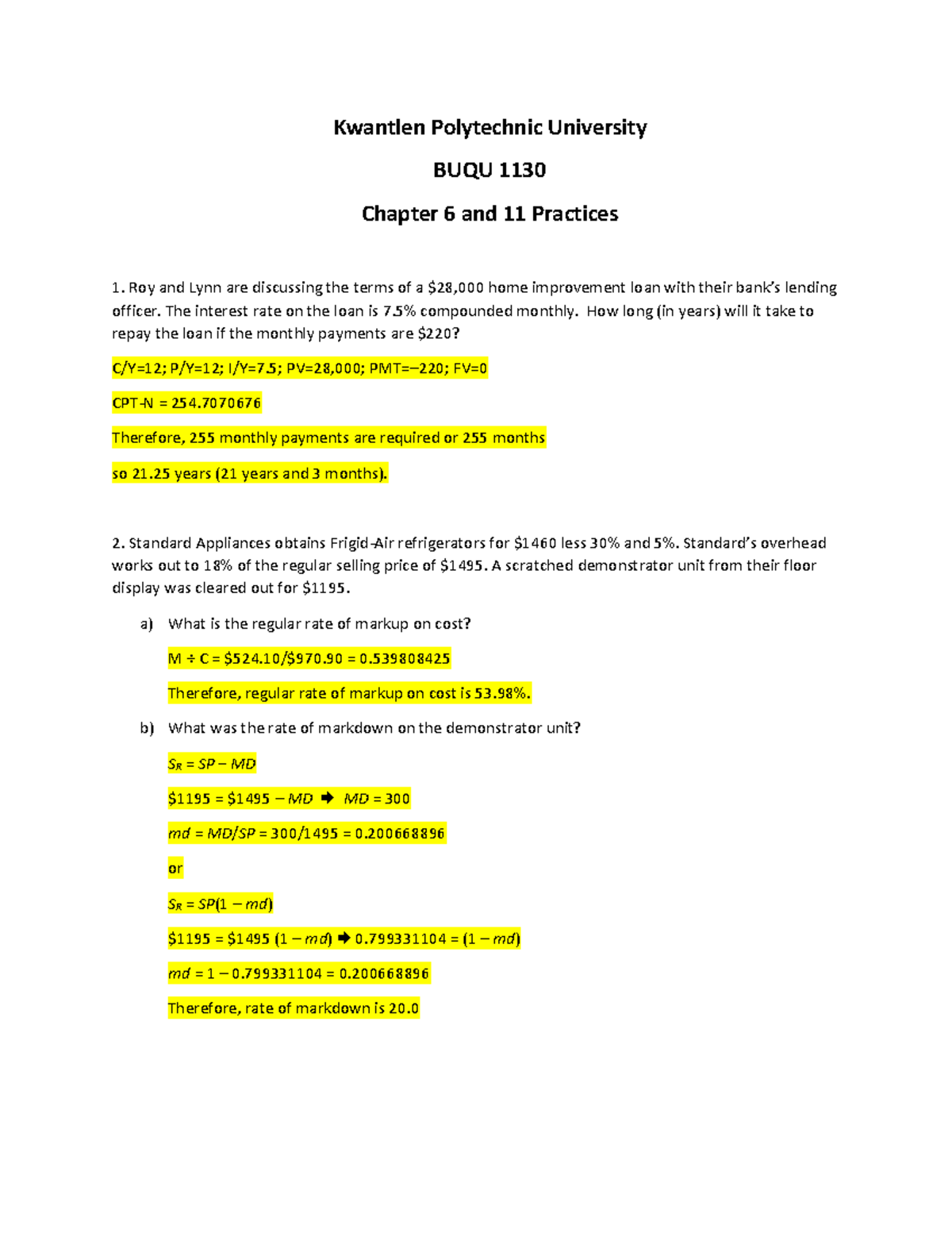 Buqu 1130 Chapter 6 And 11 Practice Kwantlen Polytechnic University