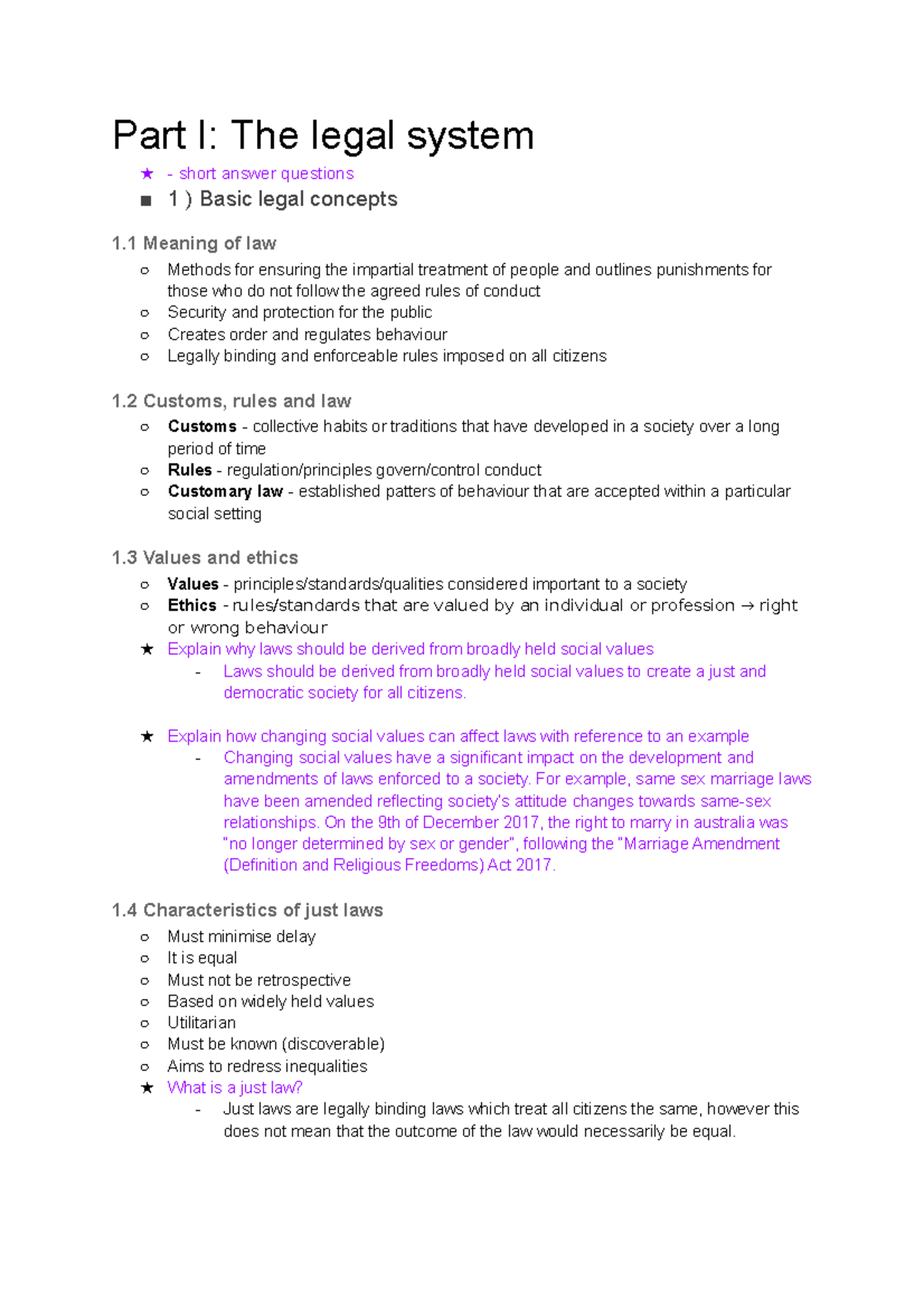 Preliminary legal studies notes - Part I: The legal system ★ - short ...