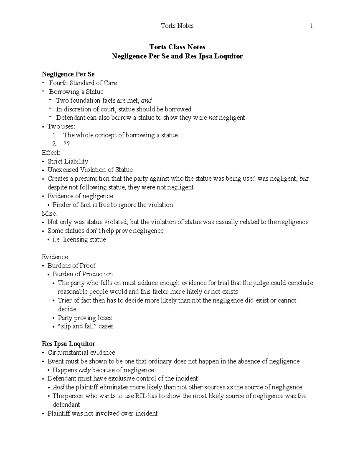 Negligence Per Se and Res Ipsa Loquitor; Factual Causation - Torts ...