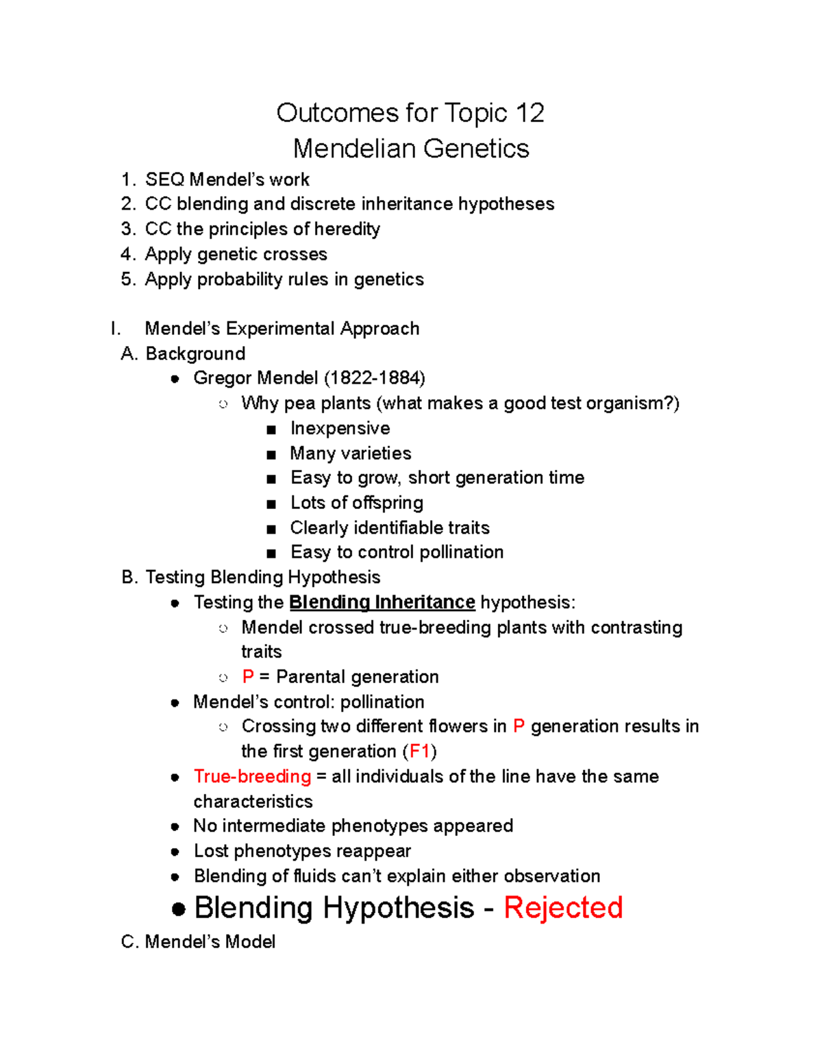 Bio Lecture 12! - Outcomes for Topic 12 Mendelian Genetics 1. SEQ ...