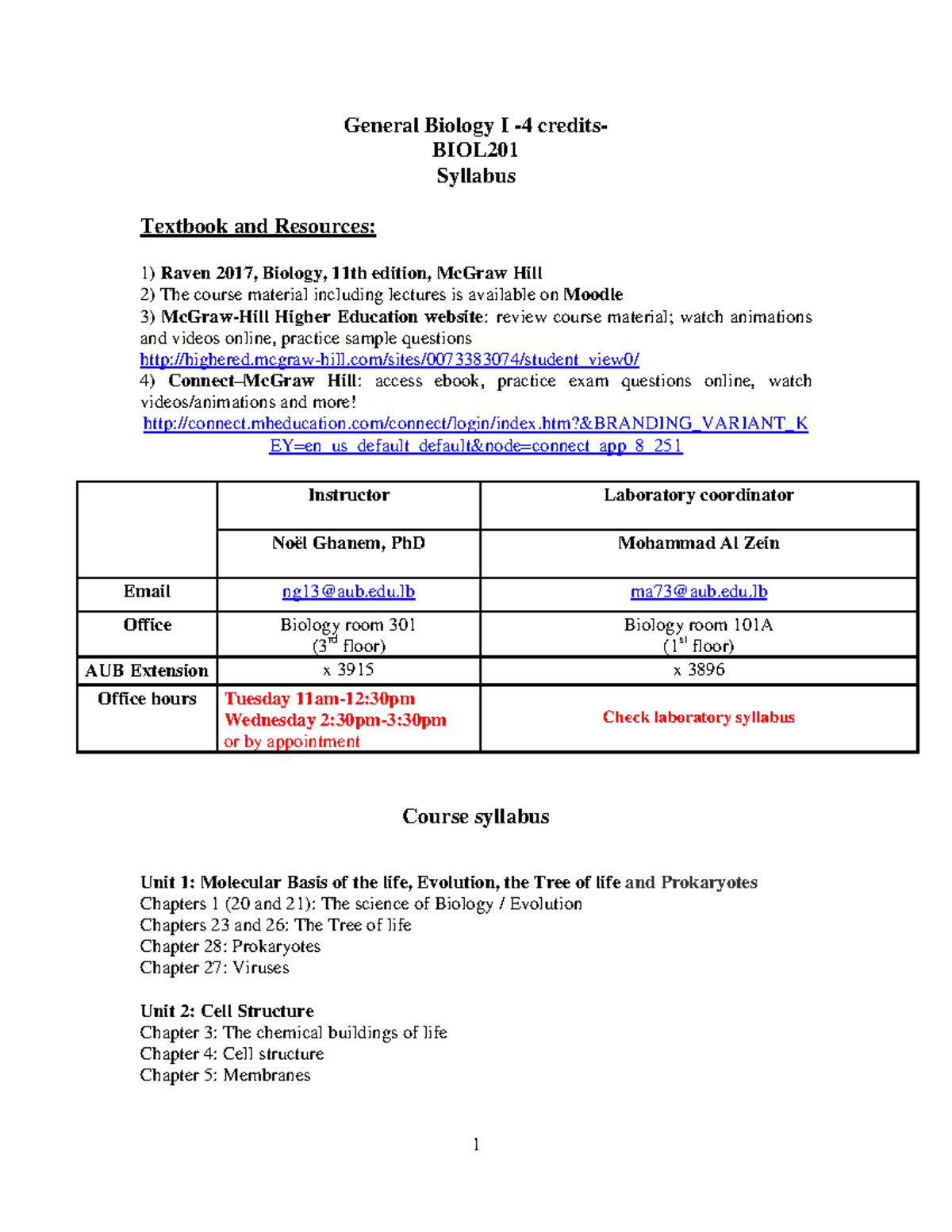 BIOL 201 Syllabus - 1 General Biology I -4 credits- BIOL Syllabus ...
