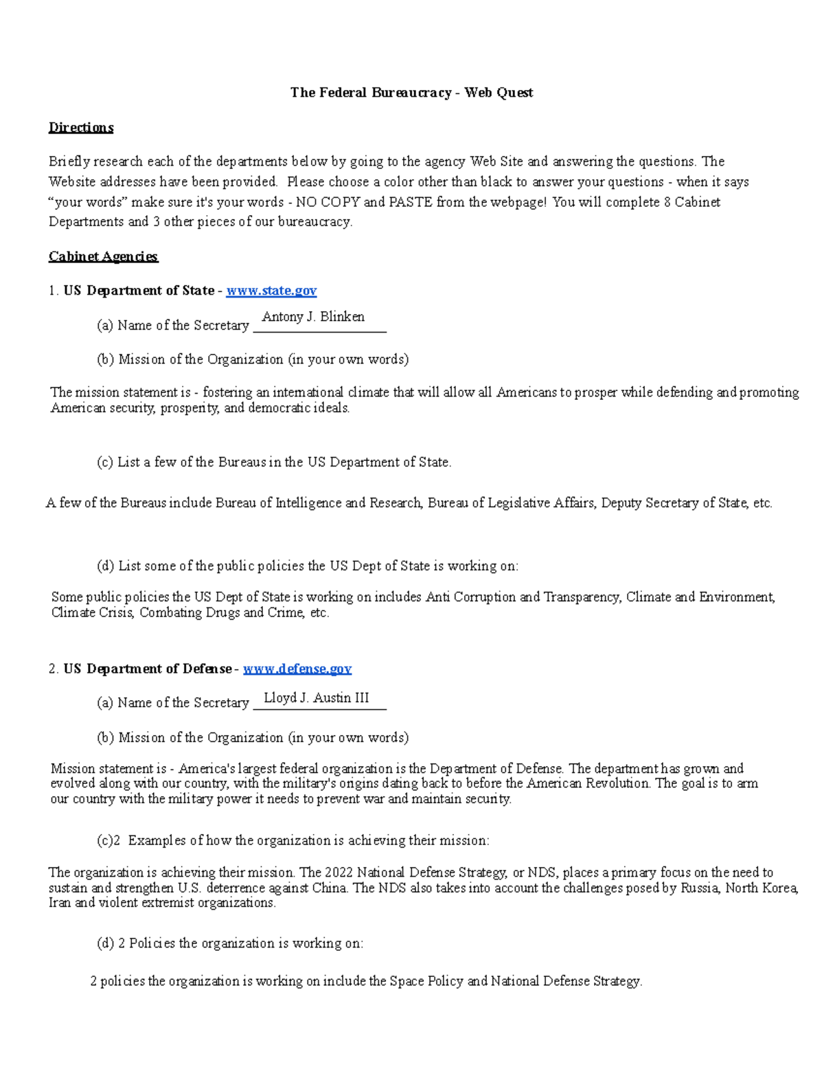 Chpt 14 Bureaucracy Web Quest Activity Answers - Directions The Federal ...