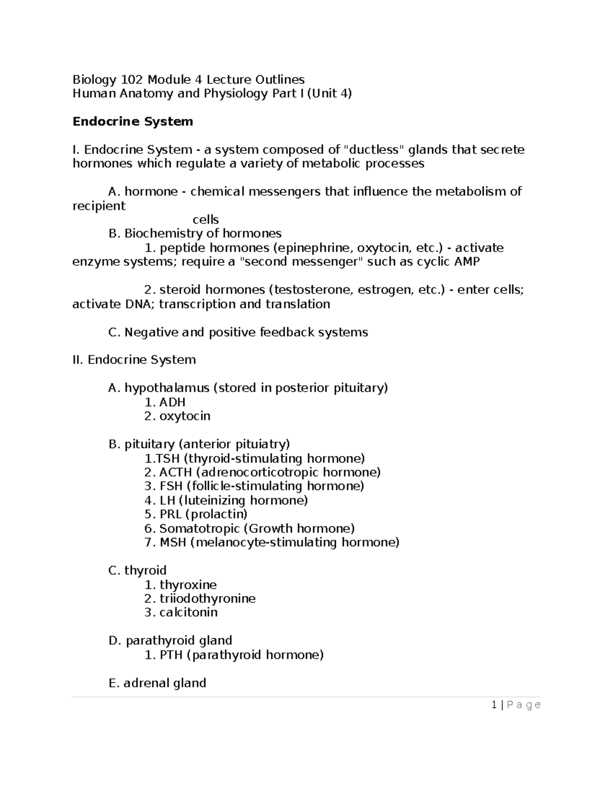 Biology 102 Module 4 Lecture Outlines Endocrine, Nervous, Reproductive ...