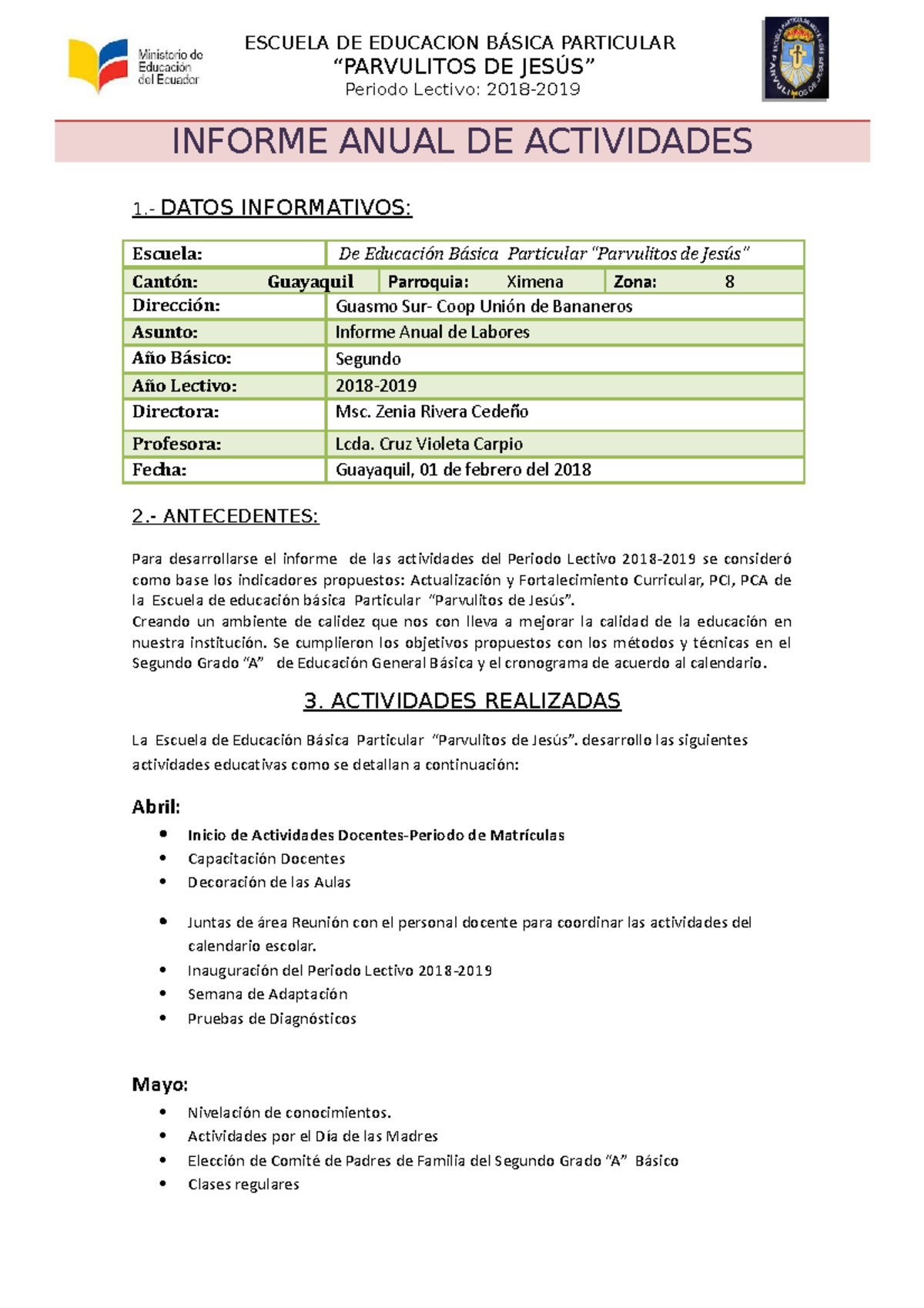 INF. Anual DE Activ. 2 - ESCUELA DE EDUCACION BÁSICA PARTICULAR ...
