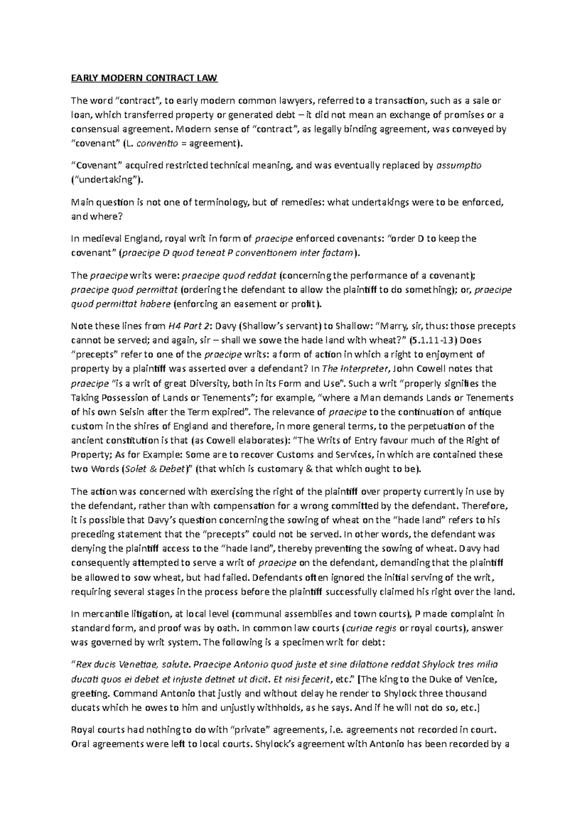 Early Modern Contract LAW - EARLY MODERN CONTRACT LAW The word ...