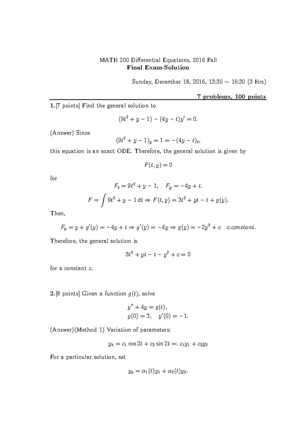 Math200 Final Solution - MATH 200 Differential Equations, 2016 Fall ...