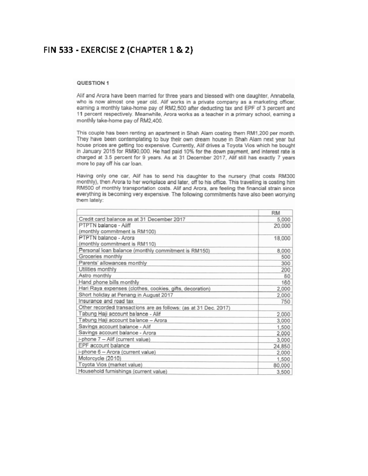 Exercise 2 AND Solution - FIN 533 - EXERCISE 2 (CHAPTER 1 & 2) ANSWER: A) BALANCE SHEET: T ...
