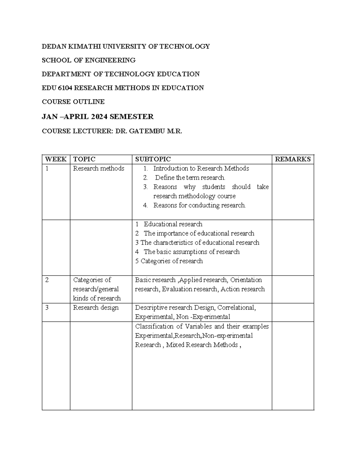 Research Methods Course Outline Cohort 6 - DEDAN KIMATHI UNIVERSITY OF TECHNOLOGY SCHOOL OF ...