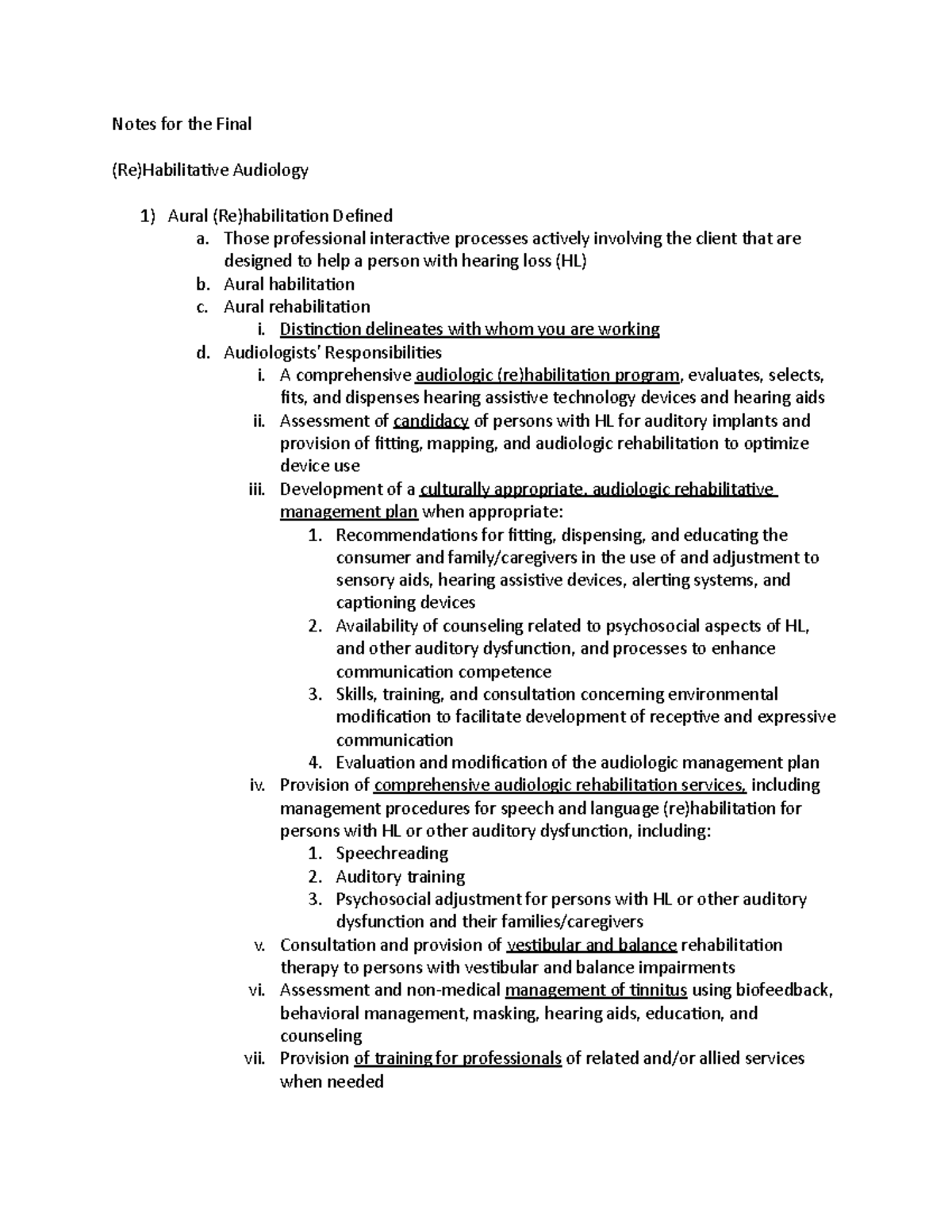 Notes for the Final - Notes for the Final (Re)Habilitative Audiology ...