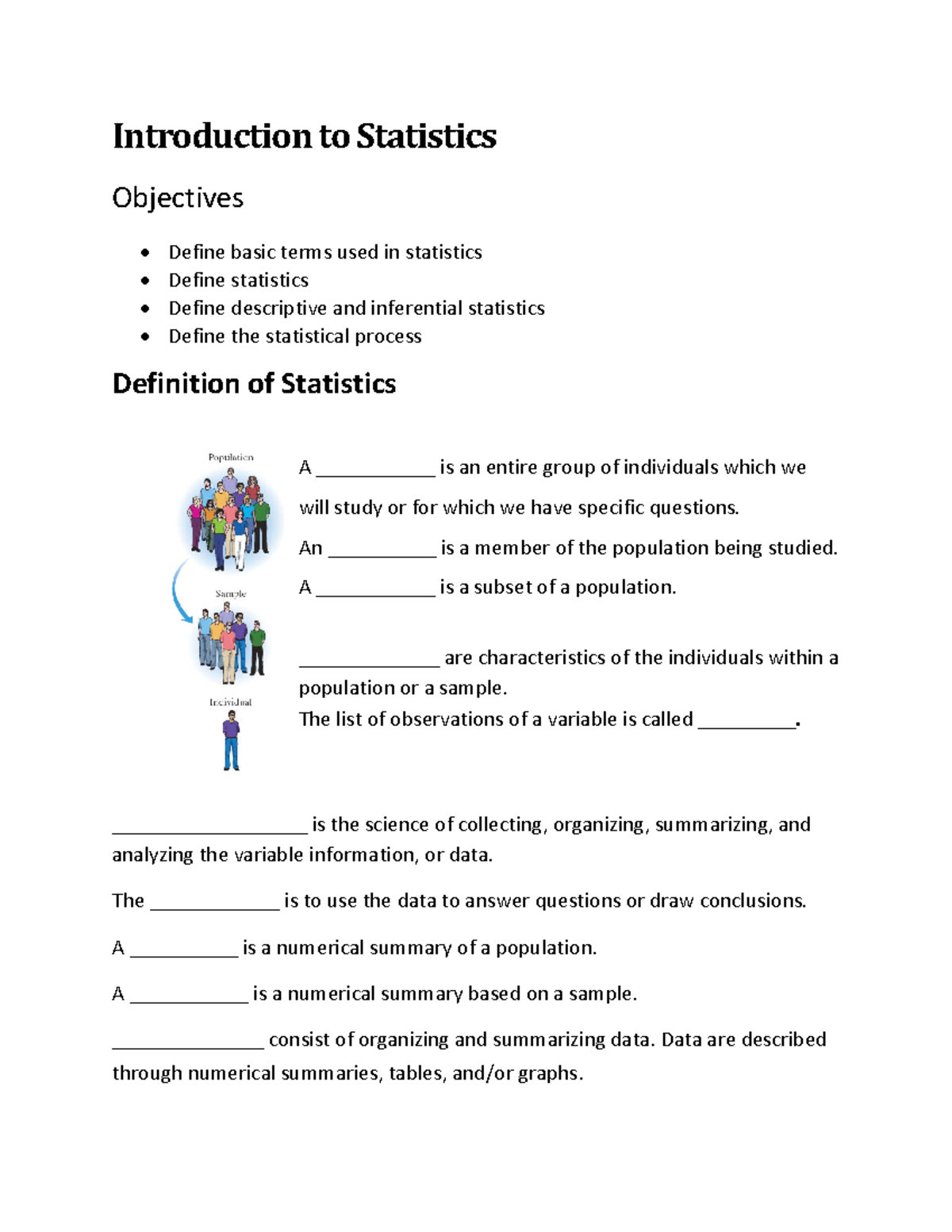 1.1A Intro Stats; Notes - Introduction to Statistics Objectives Define ...