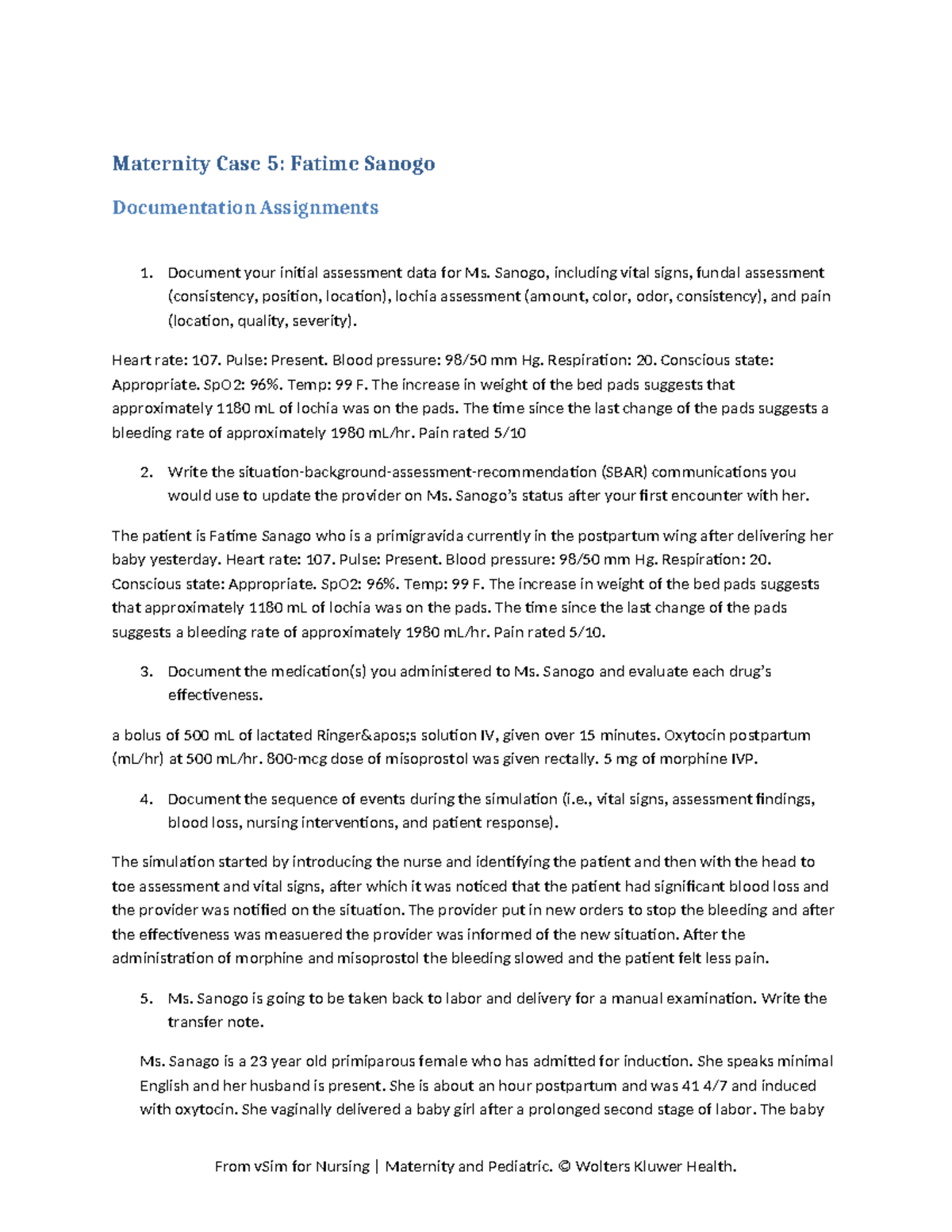 Documentation 2 fatime - Maternity Case 5: Fatime Sanogo Documentation ...