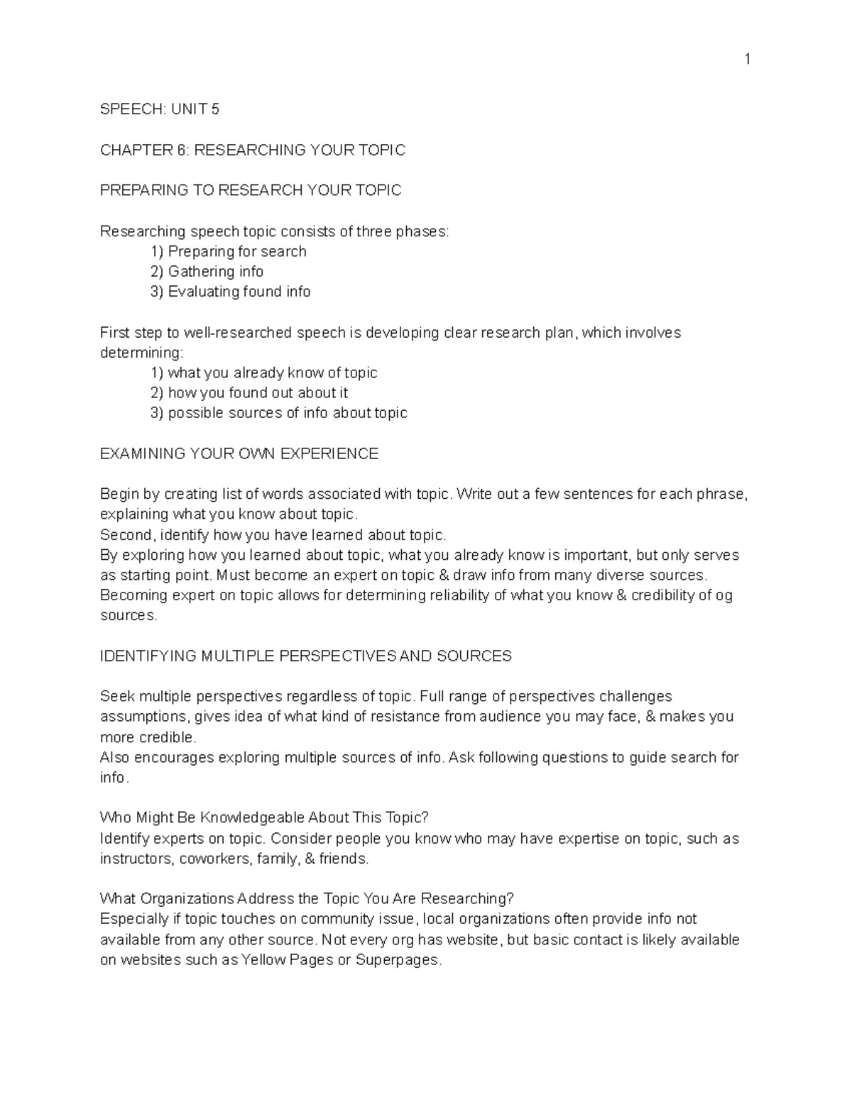 Speech UNIT 5 - Notes from Chapter 6 of the eTextbook, "Public Speaking ...