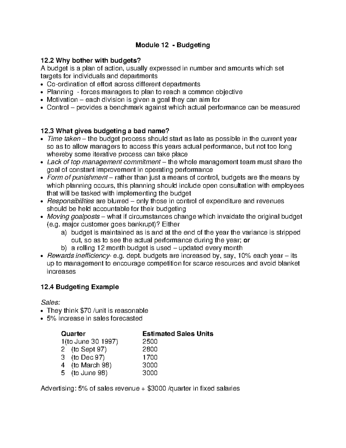 Ch12 Budgeting - accounting - Module 12 - Budgeting 12 Why bother with ...