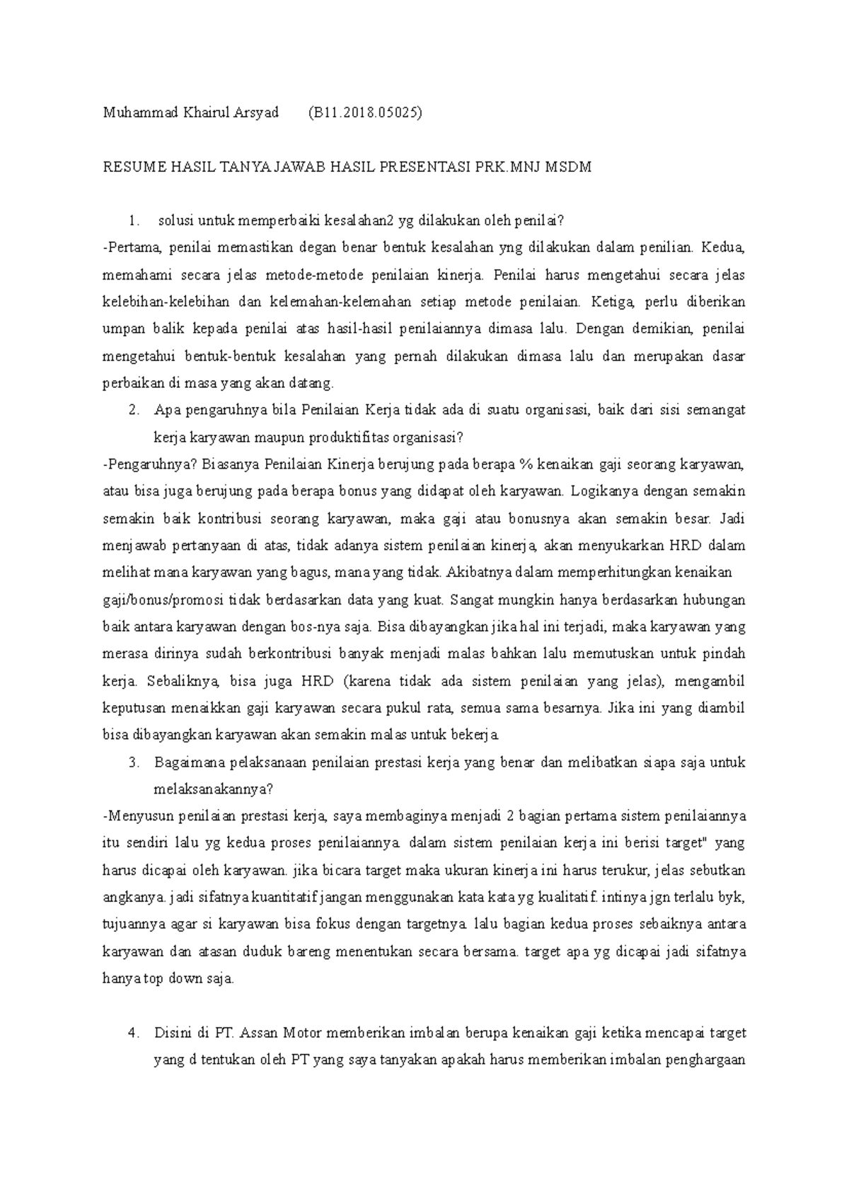 Resume Manajemen SDM 1 - Muhammad Khairul Arsyad (B11.2018) RESUME ...