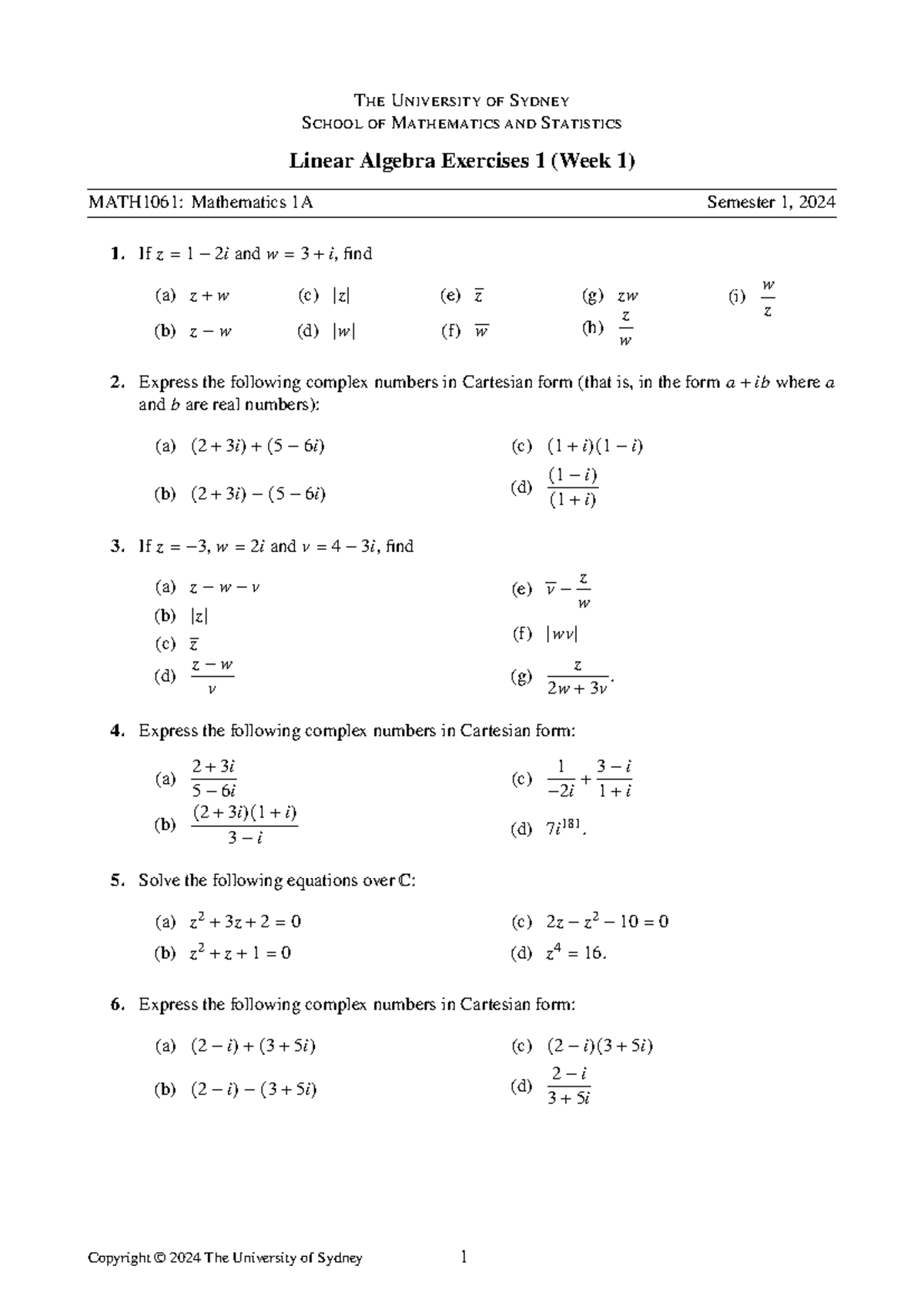 LA-Exercises-01 - Linear Algebra exercises - The University of Sydney ...