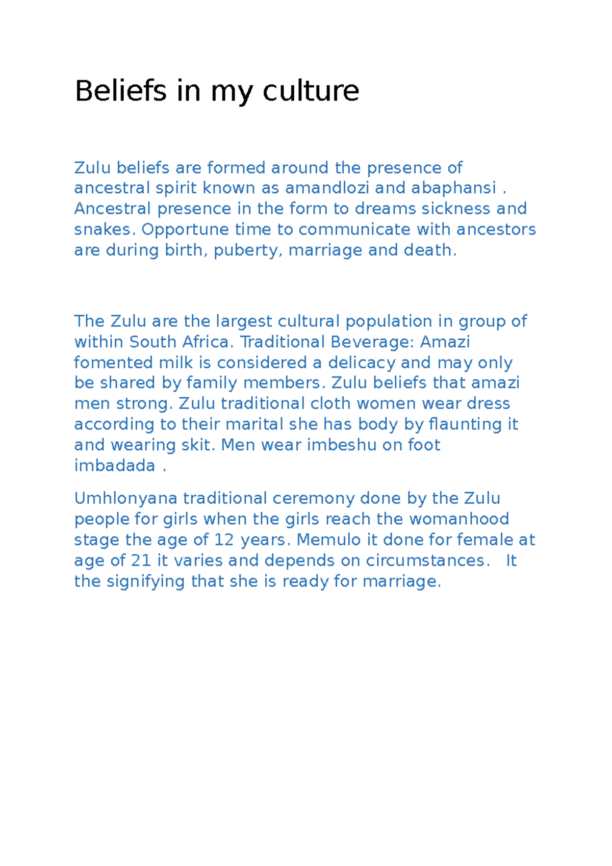 Beliefs in my culture - lecture note - Beliefs in my culture Zulu ...