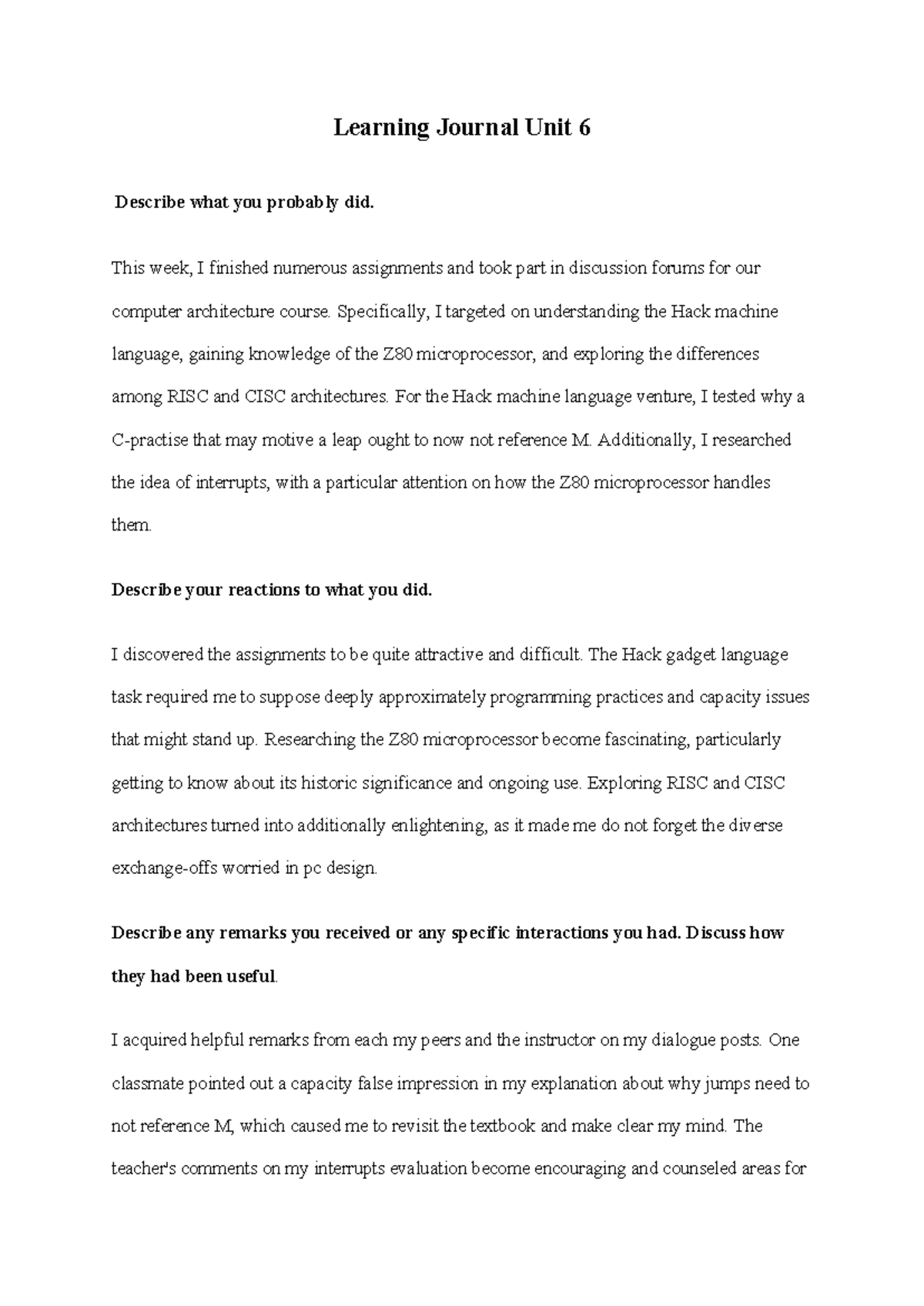 Learning Journal Unit 6 - This week, I finished numerous assignments ...