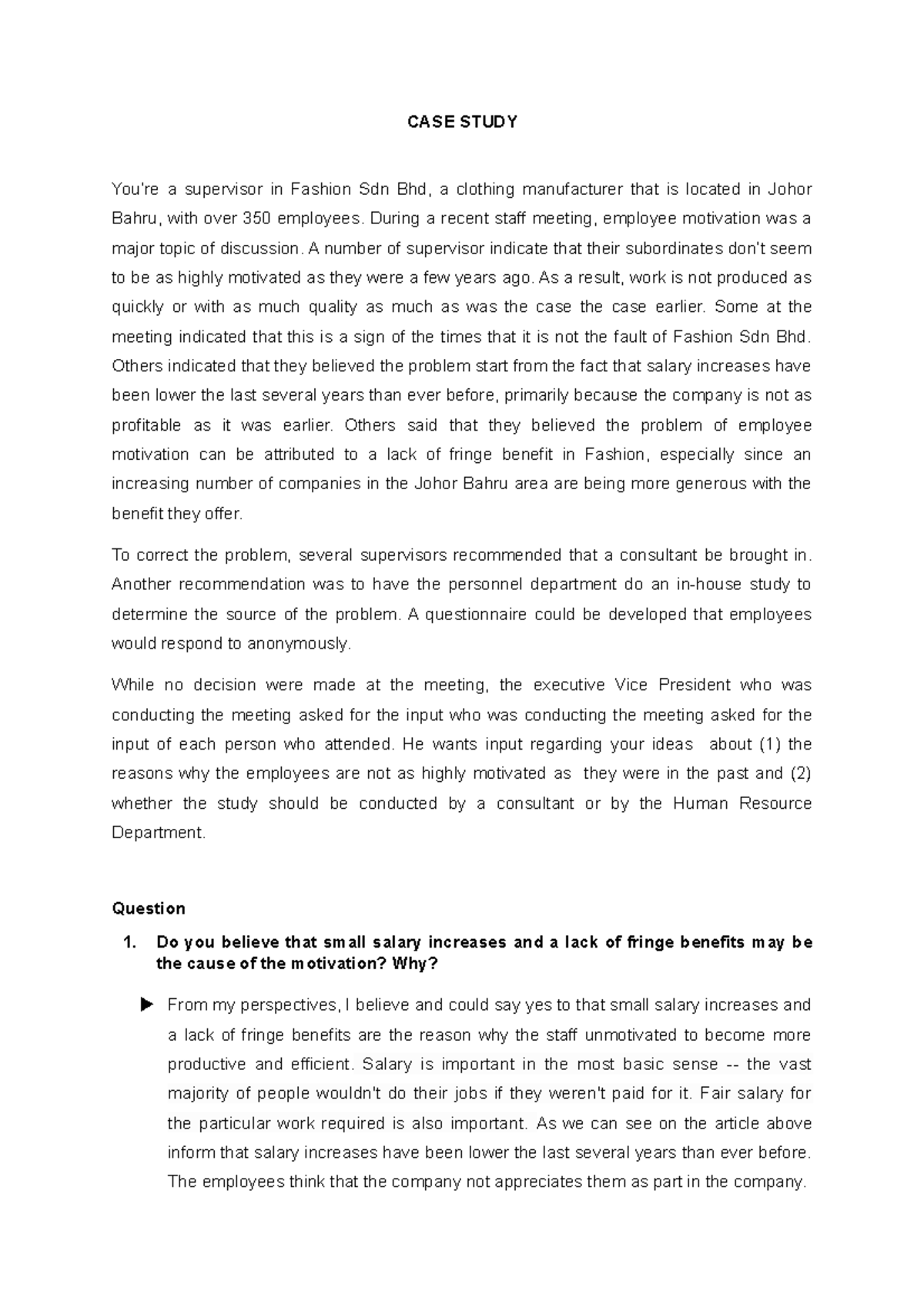 study case for administrative - CASE STUDY You’re a supervisor in ...