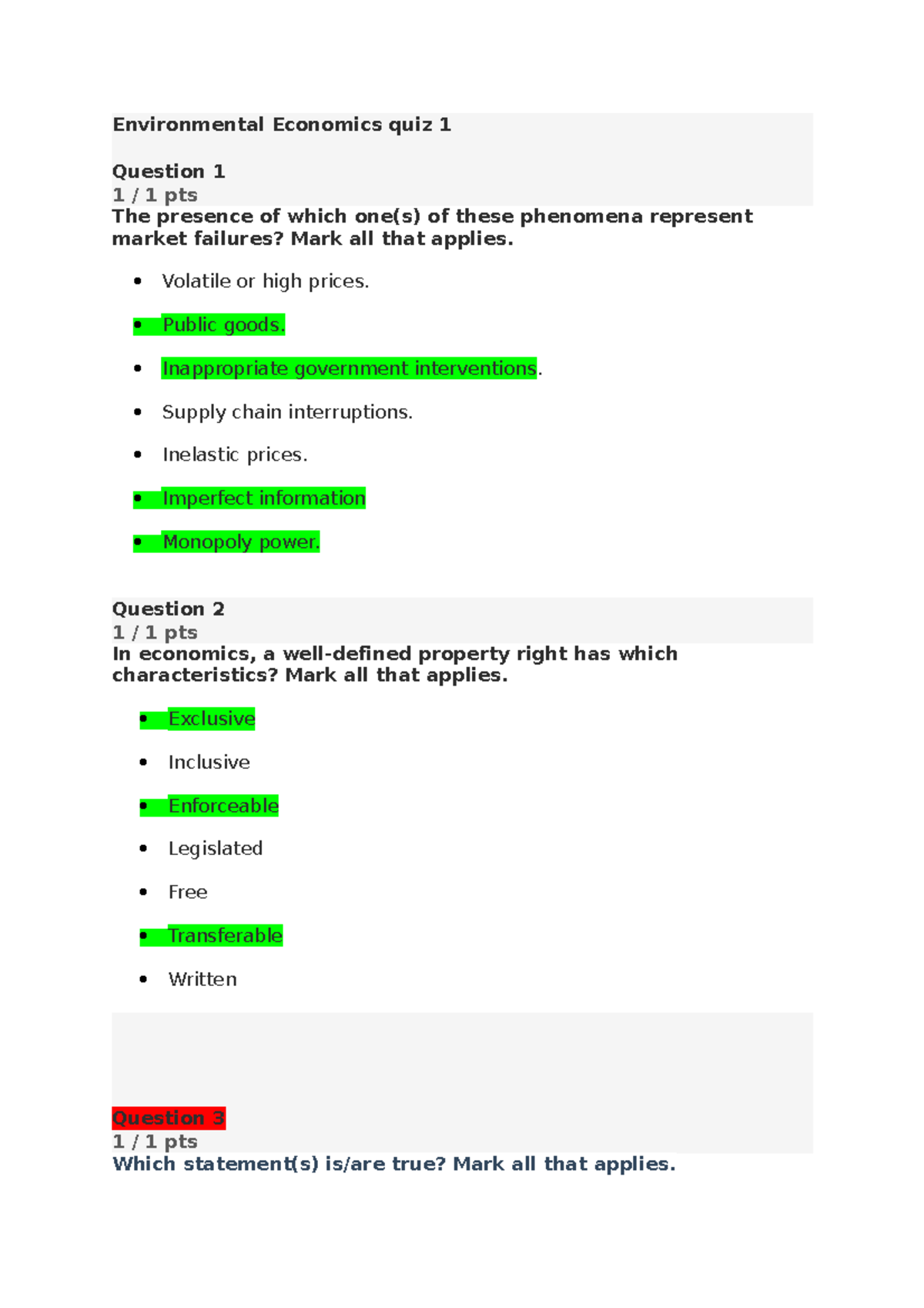 Environmental Eco Quizzes - Environmental Economics quiz 1 Question 1 1 ...