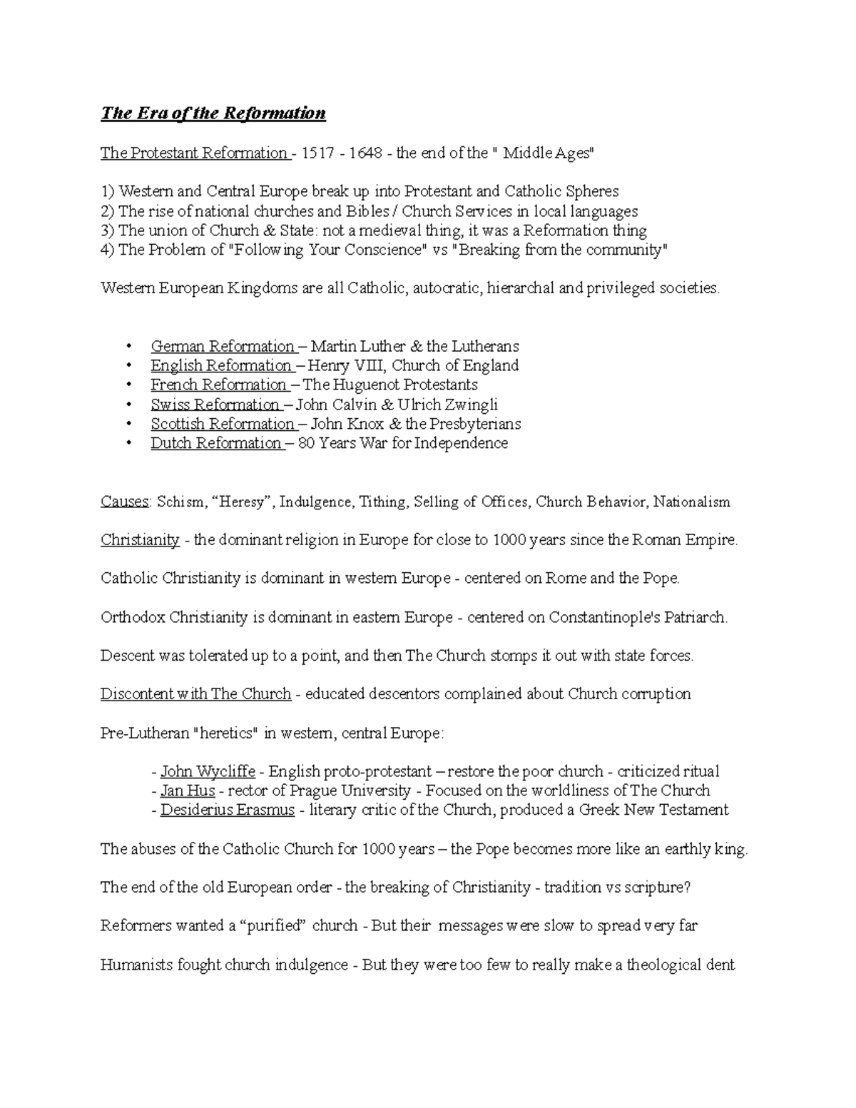 World History II Outline #3 - The Era of the Reformation - The Era of ...