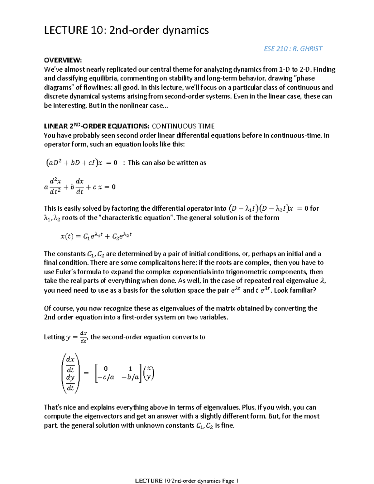 Lecture 10 2nd-order dynamics-3 - OVERVIEW: We've almost nearly ...