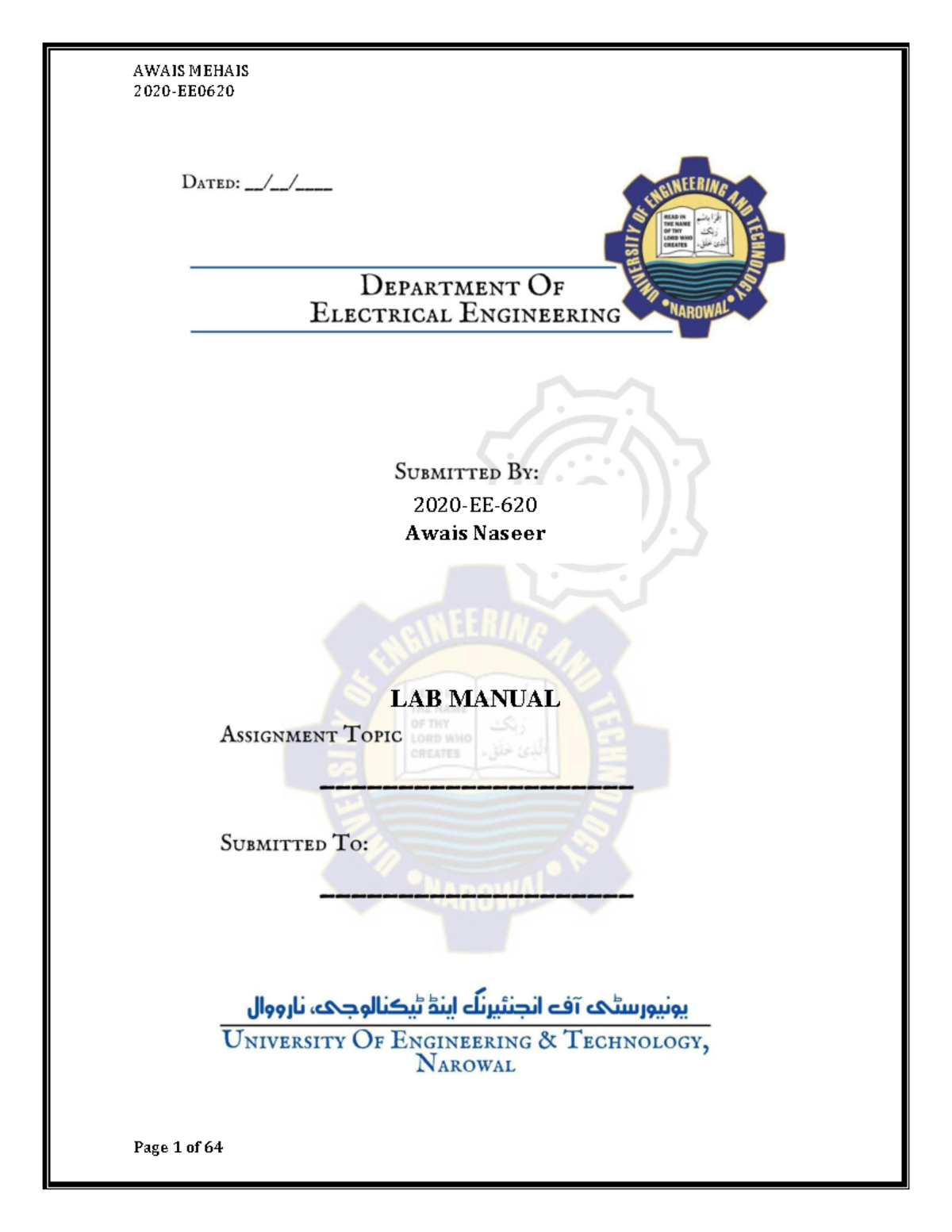 MPS LAB Manual 2020-EE-620 - AWAIS MEHAIS 2020 - EE LAB MANUAL 2020 ...