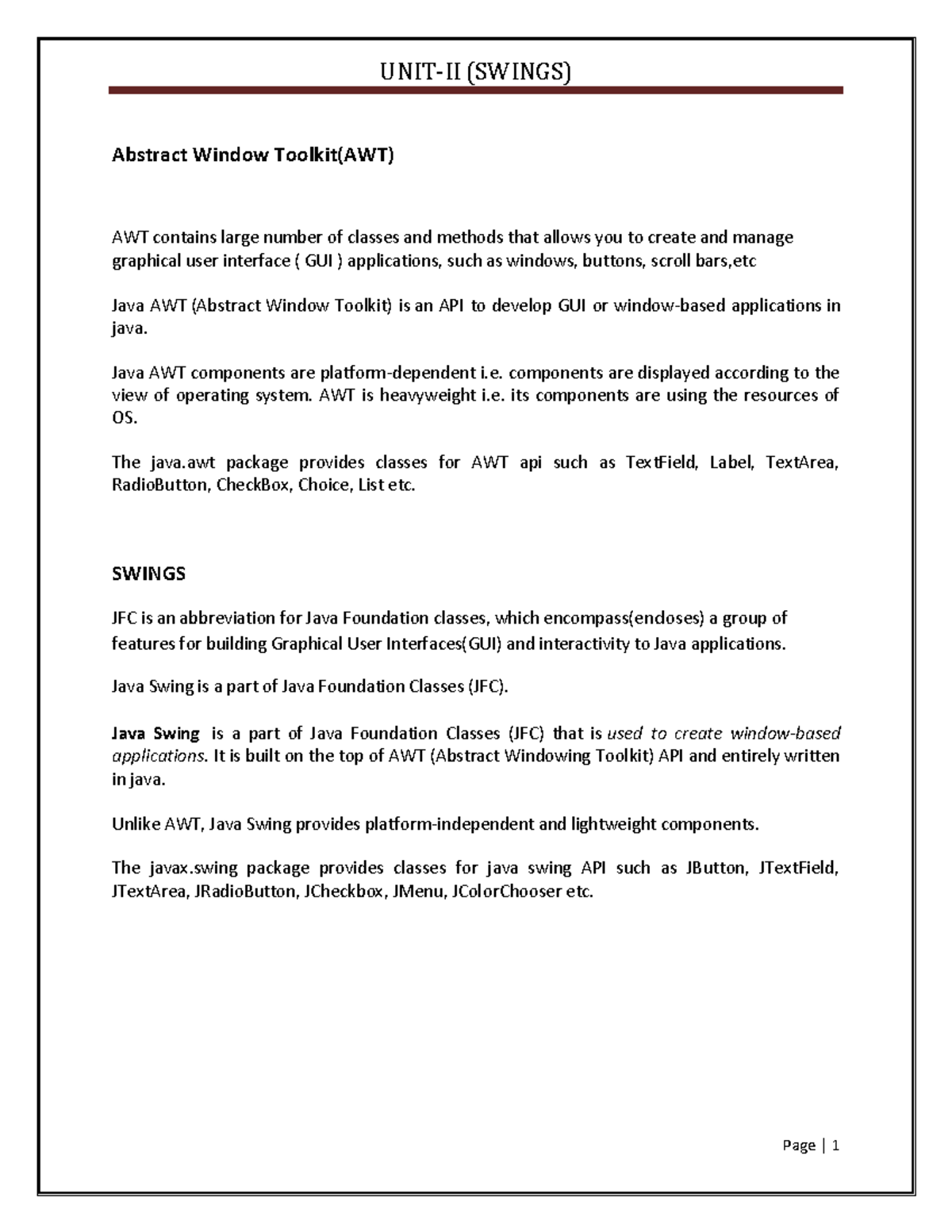 UNIT-2 Swings - good - Abstract Window Toolkit(AWT) AWT contains large ...