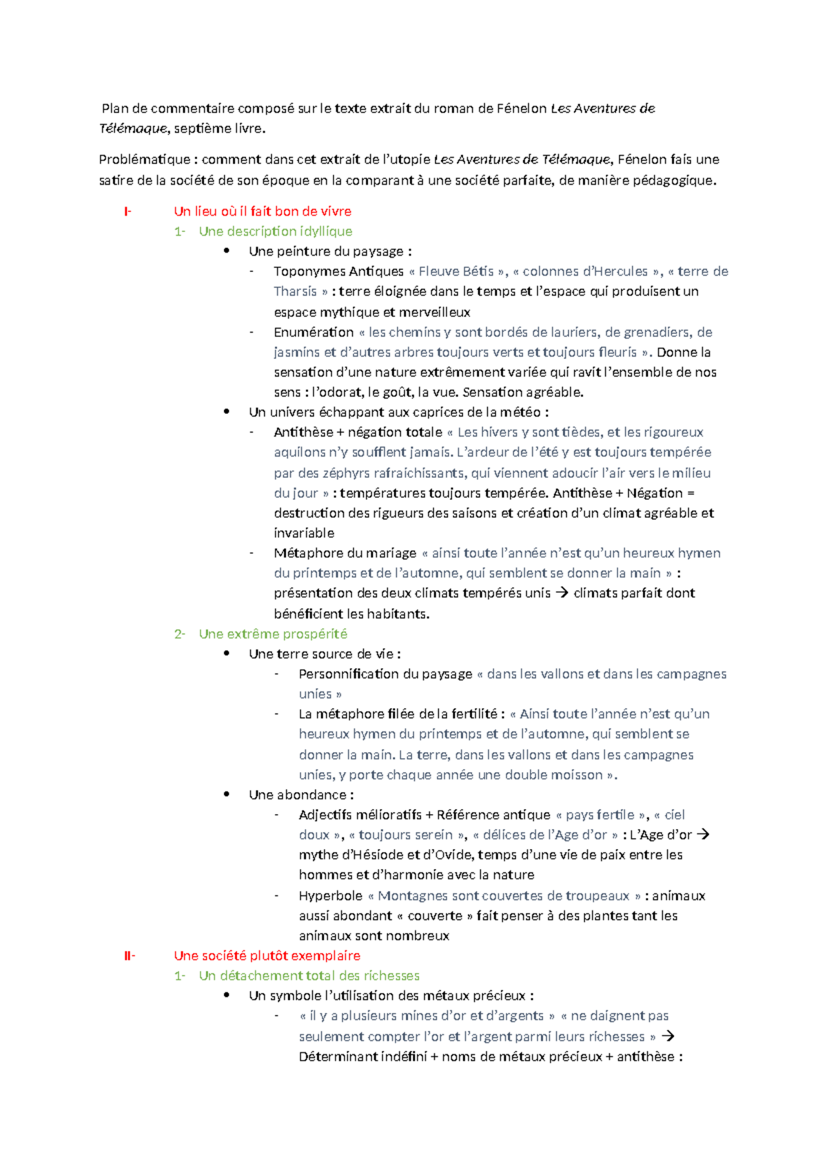 Plan Commentaire de texte Fénelon - Plan de commentaire composé sur le ...
