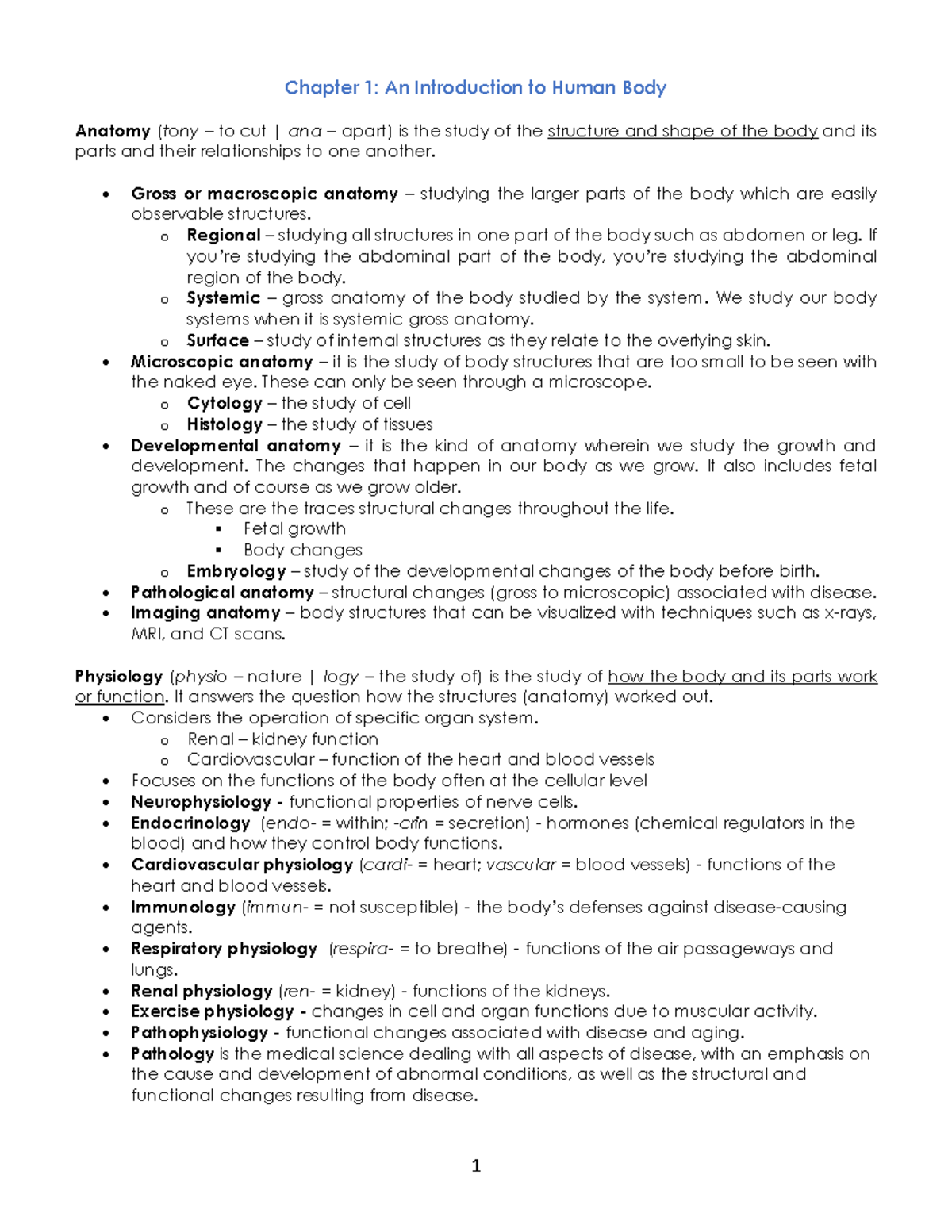 Human Body - Nursing note - Chapter 1: An Introduction to Human Body ...