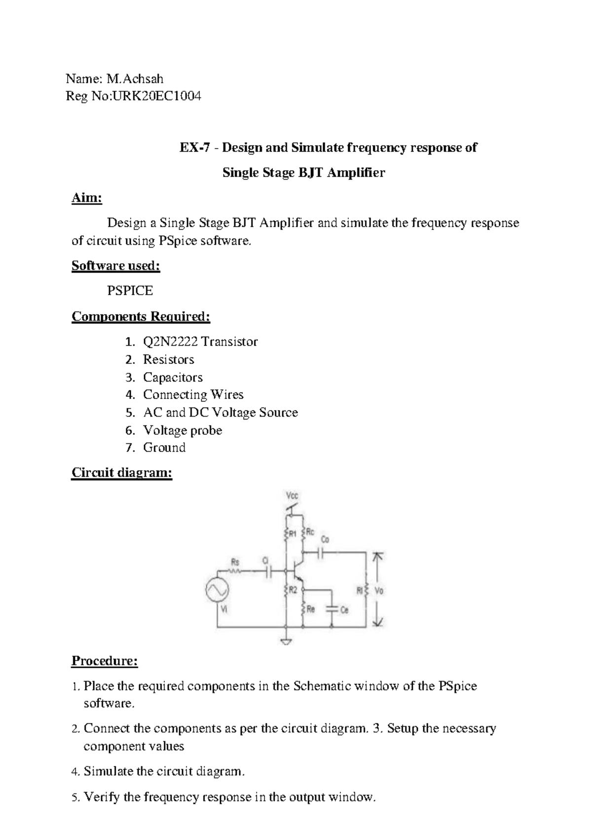 Ex-7 Single stage amplifier - Name: M Reg No:URK20EC EX- 7 - Design and Simulate frequency ...