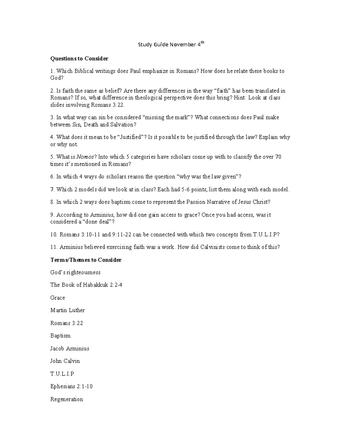 Study Guide November 4th - Study Guide November 4th Questions to Consider Which Biblical ...