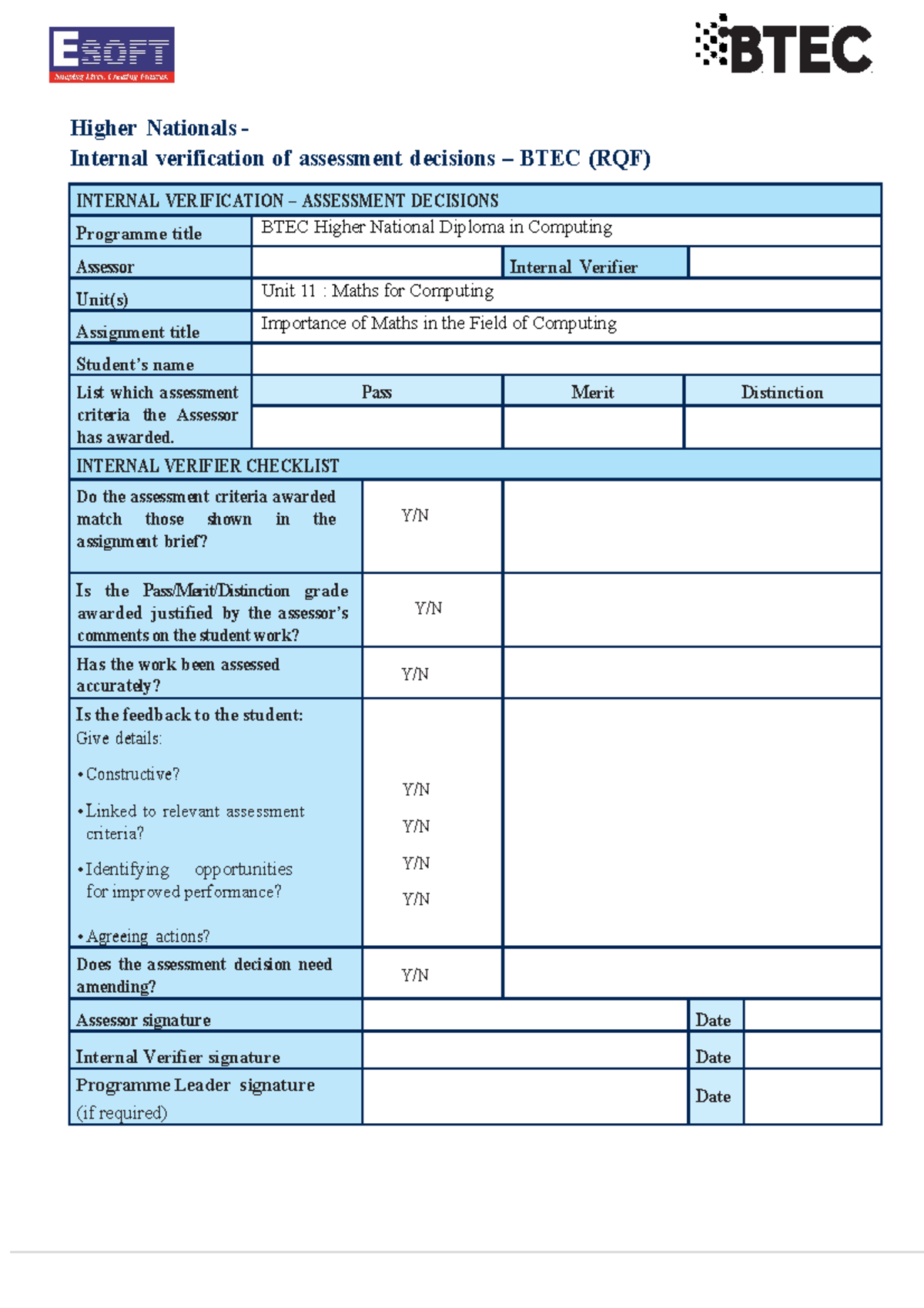 Maths assignment - Higher Nationals - Internal verification of ...