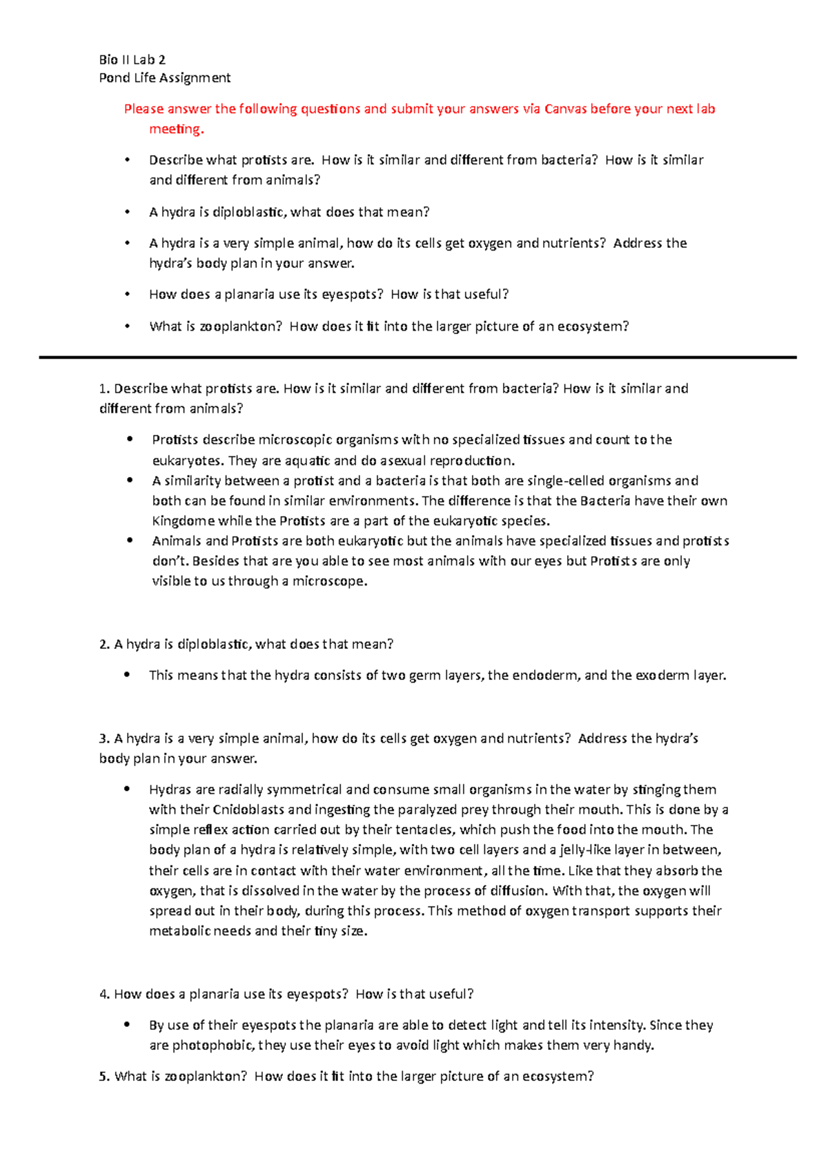 Pond life Assignment - Bio II Lab 2 Pond Life Assignment Please answer ...
