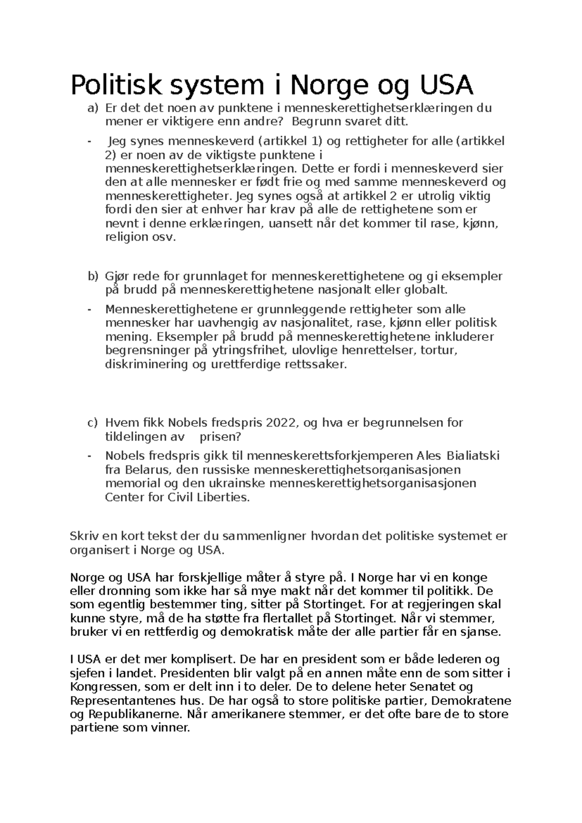 Politisk system i Norge og USA - Jeg synes menneskeverd (artikkel 1) og ...