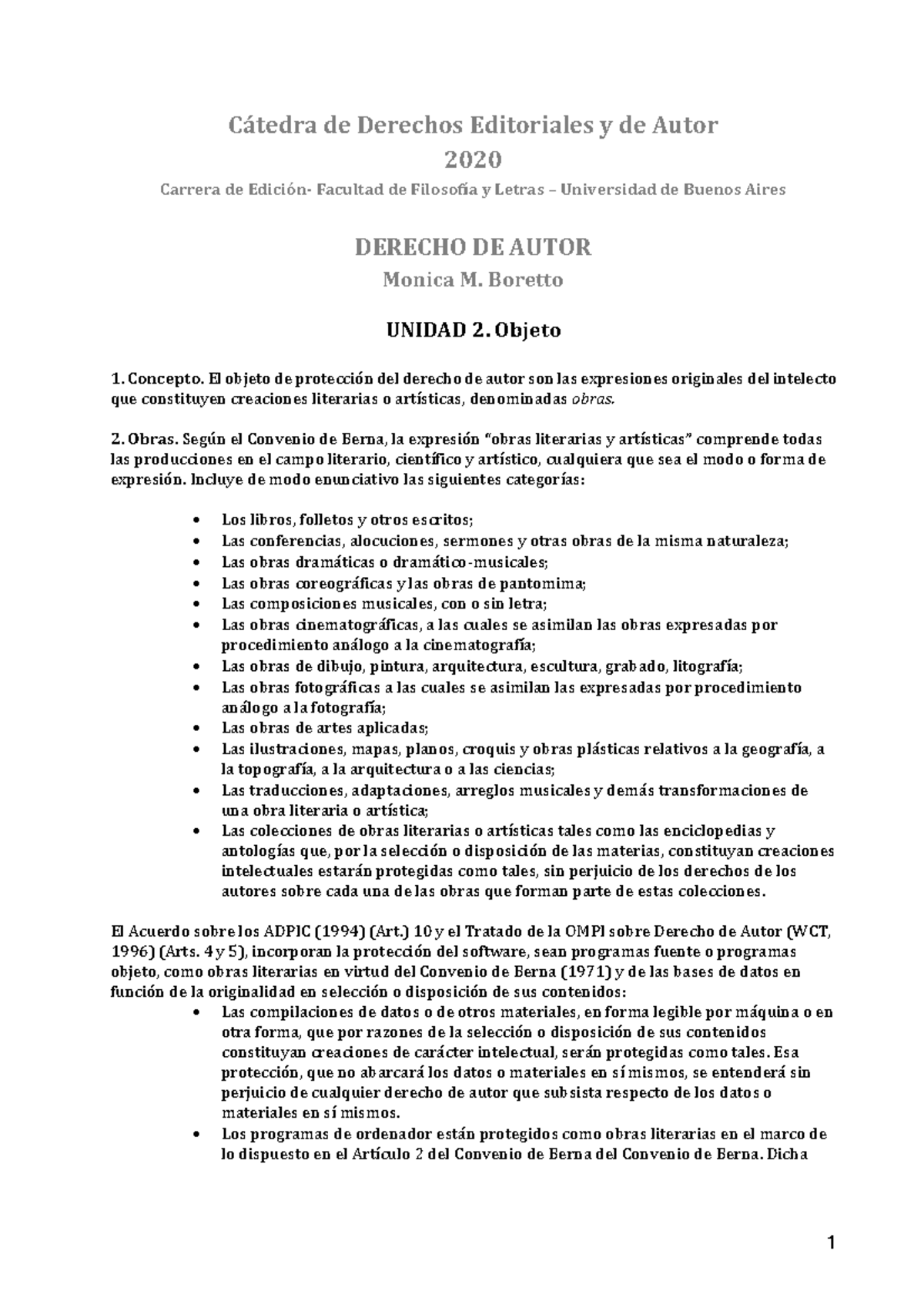 Unidad 2 Objeto - material sobre los derechos de autor - Cátedra de ...