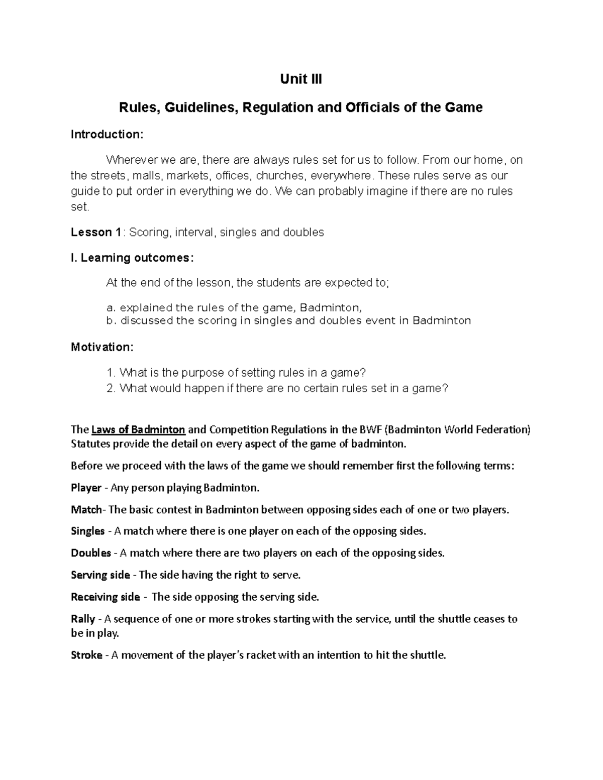 PE 2 U3 L1 - PHYSICAL EDUCATION UNIT 3 LESSON 1 - Unit III Rules ...