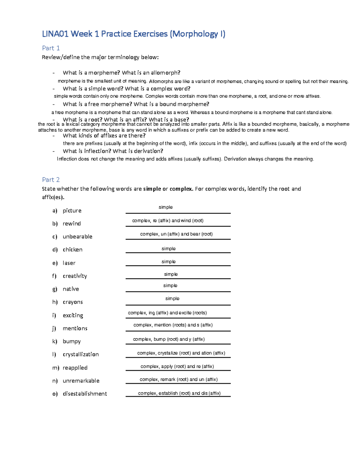 Week 1 Exercise Answered Lina 01 Week 1 Practice Exercises Morphology I Part 1 Review