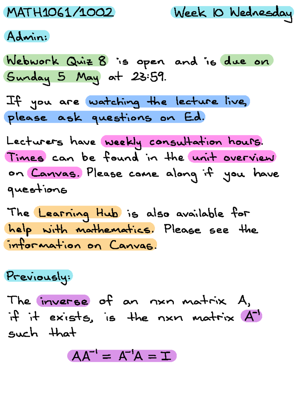 MATH1061 LA Lecture 10 1 - MATH1002 - Studocu