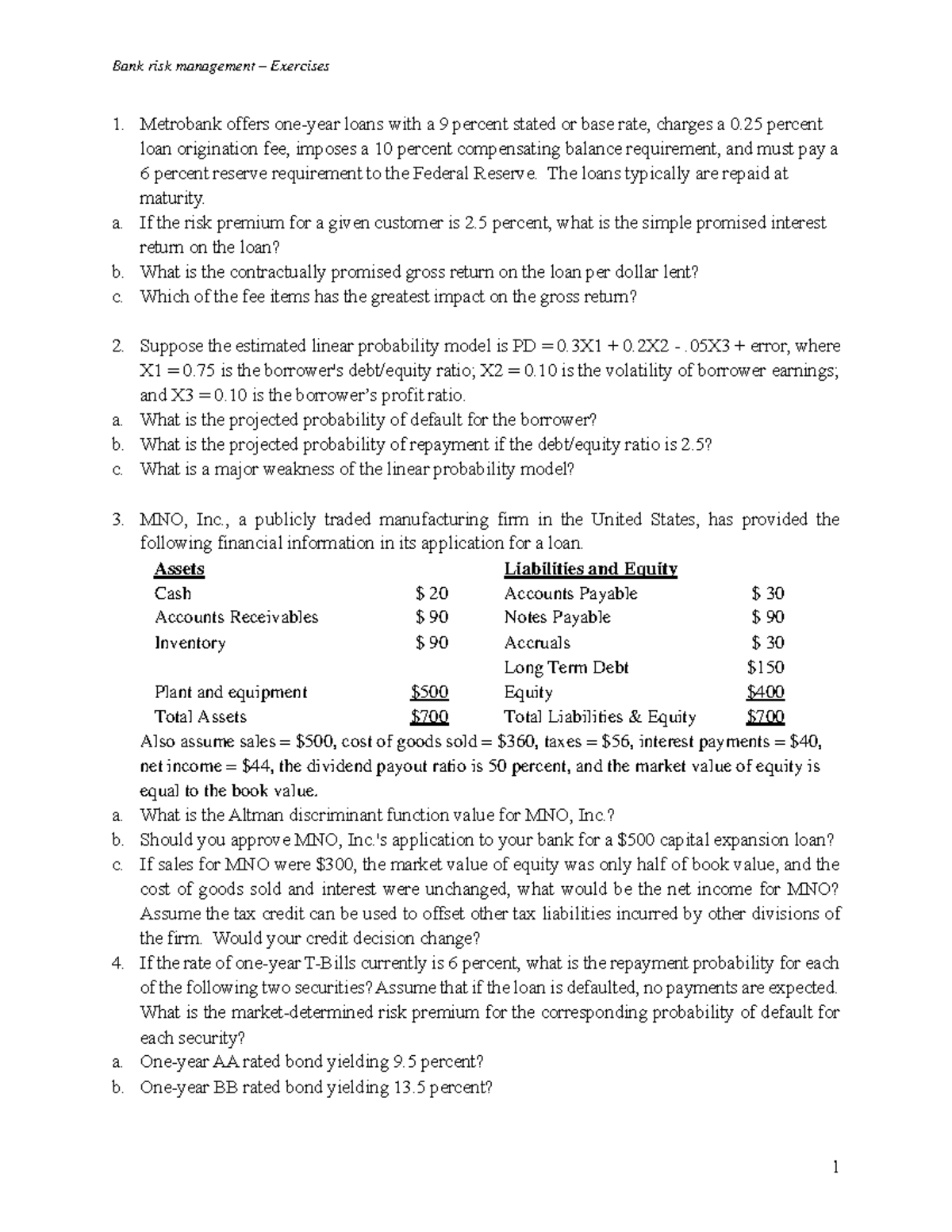 K60 Bank Risk Management Exercises - Bank risk management – Exercises 1 ...