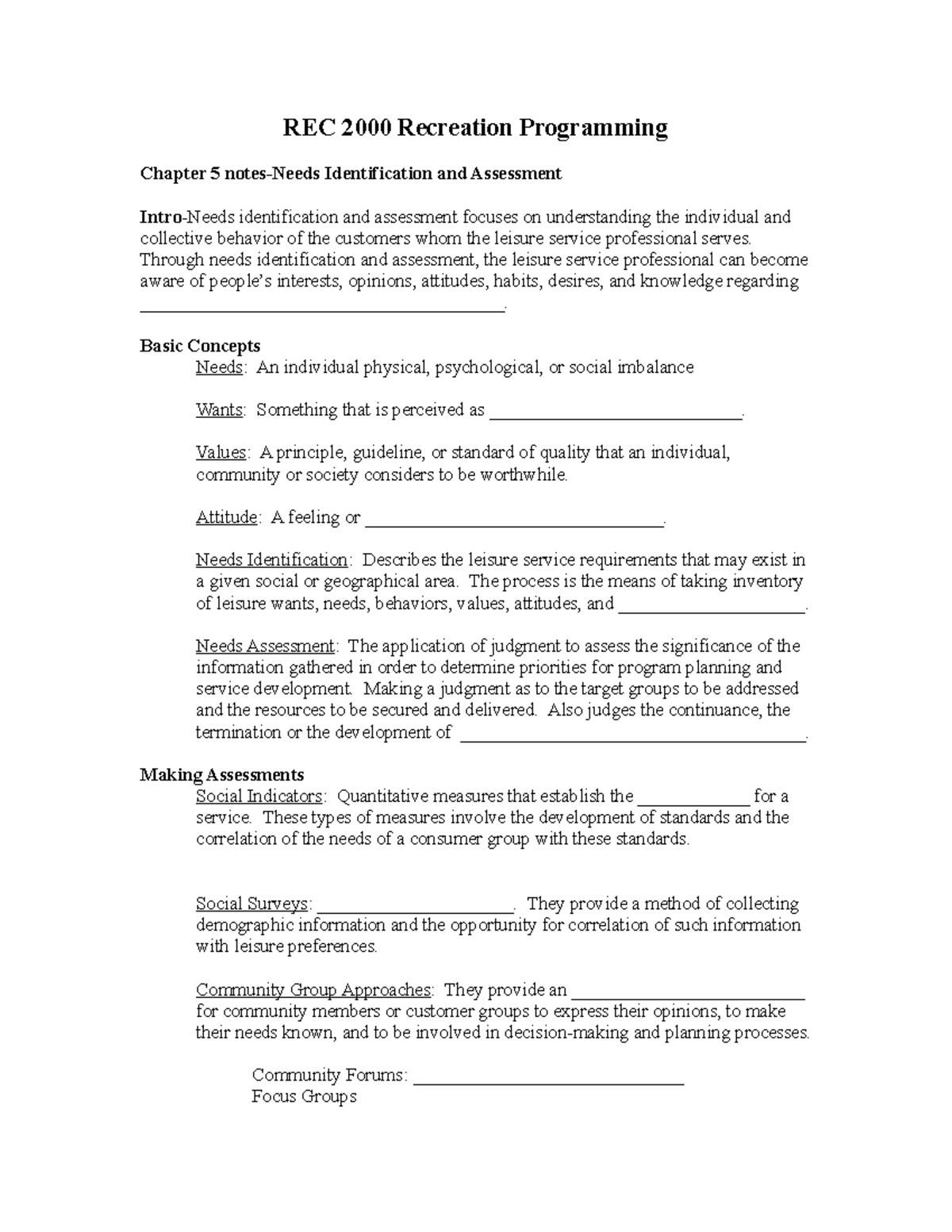 Chpt. 5 notes, students - REC 2000 Recreation Programming Chapter 5 ...