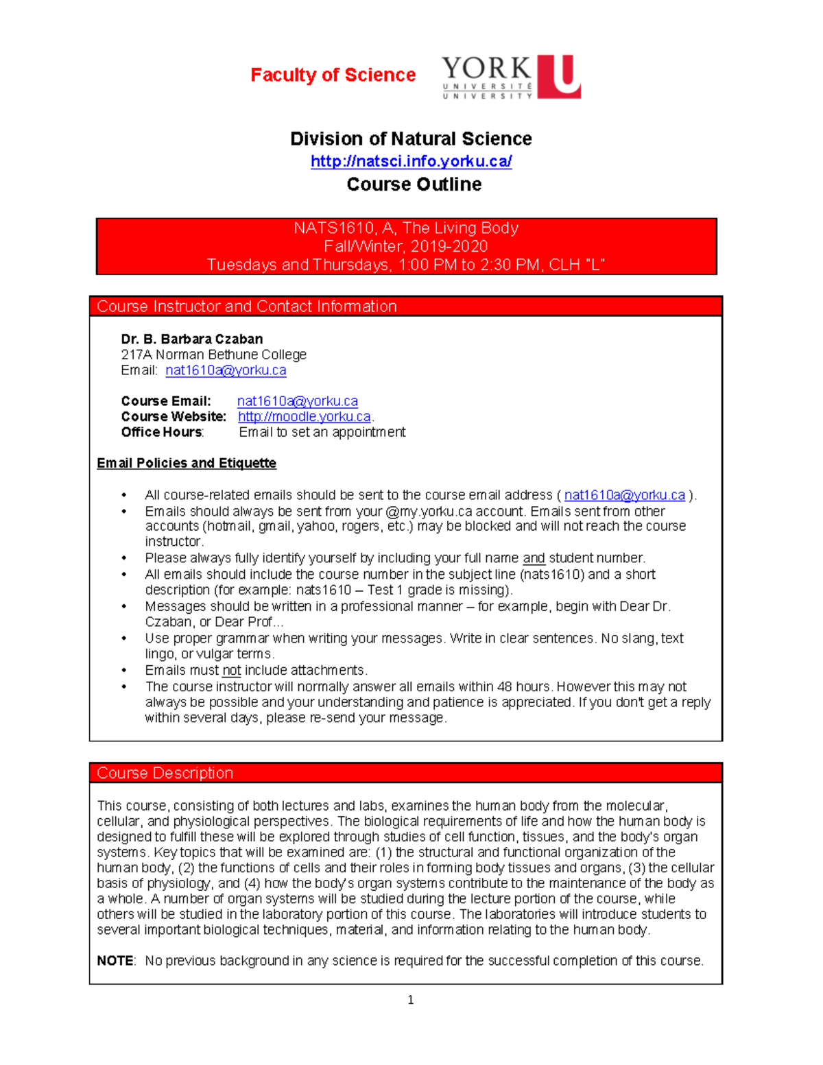 01 - Course Outline - NATS1610-fw1920 - Updated - Division of Natural ...