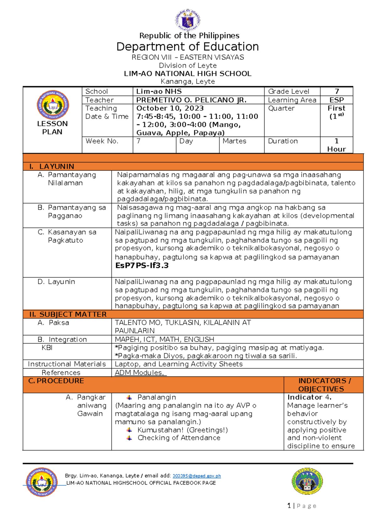 Lesson plan in esp 7 october 10 - Republic of the Philippines ...