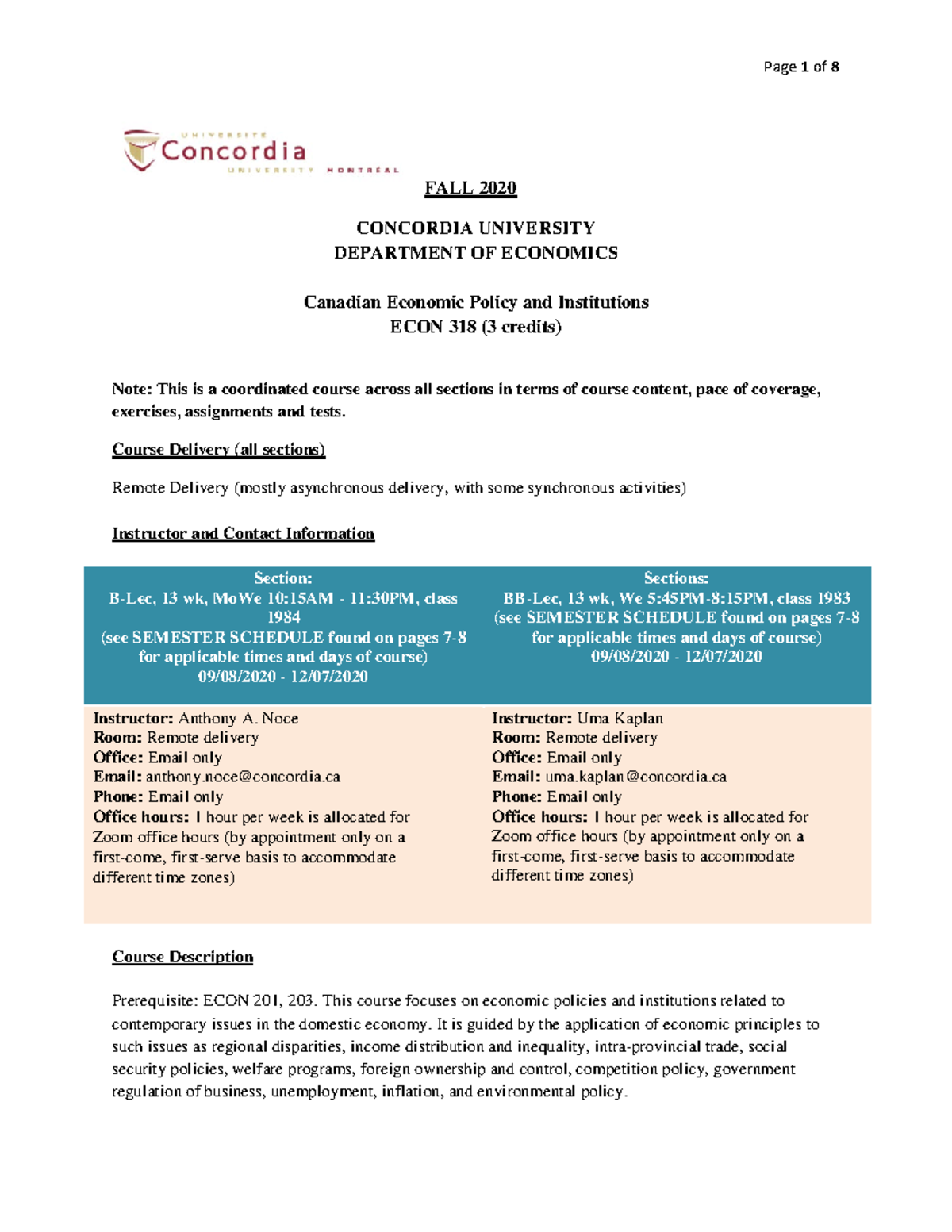 ECON 318 Course Outline - FALL 2020 CONCORDIA UNIVERSITY DEPARTMENT OF ...