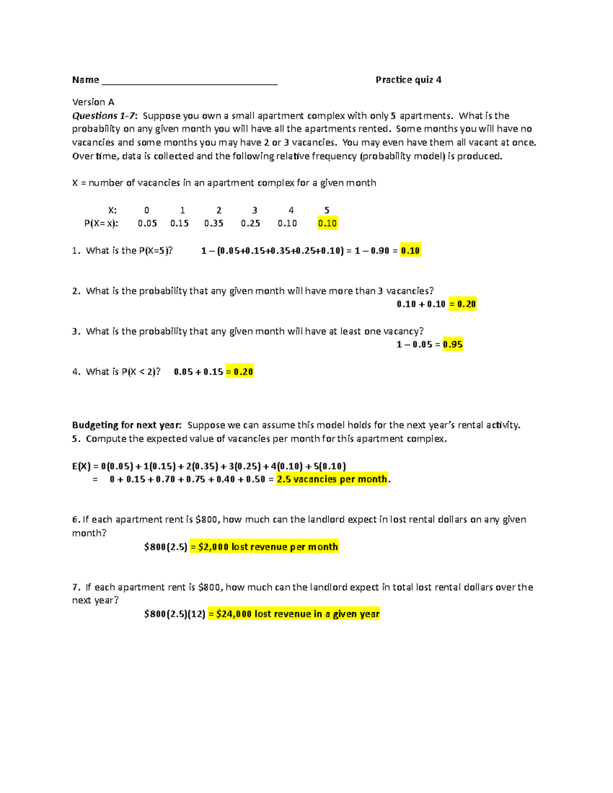 Quiz 4 key - quiz 4 answers - Name ...