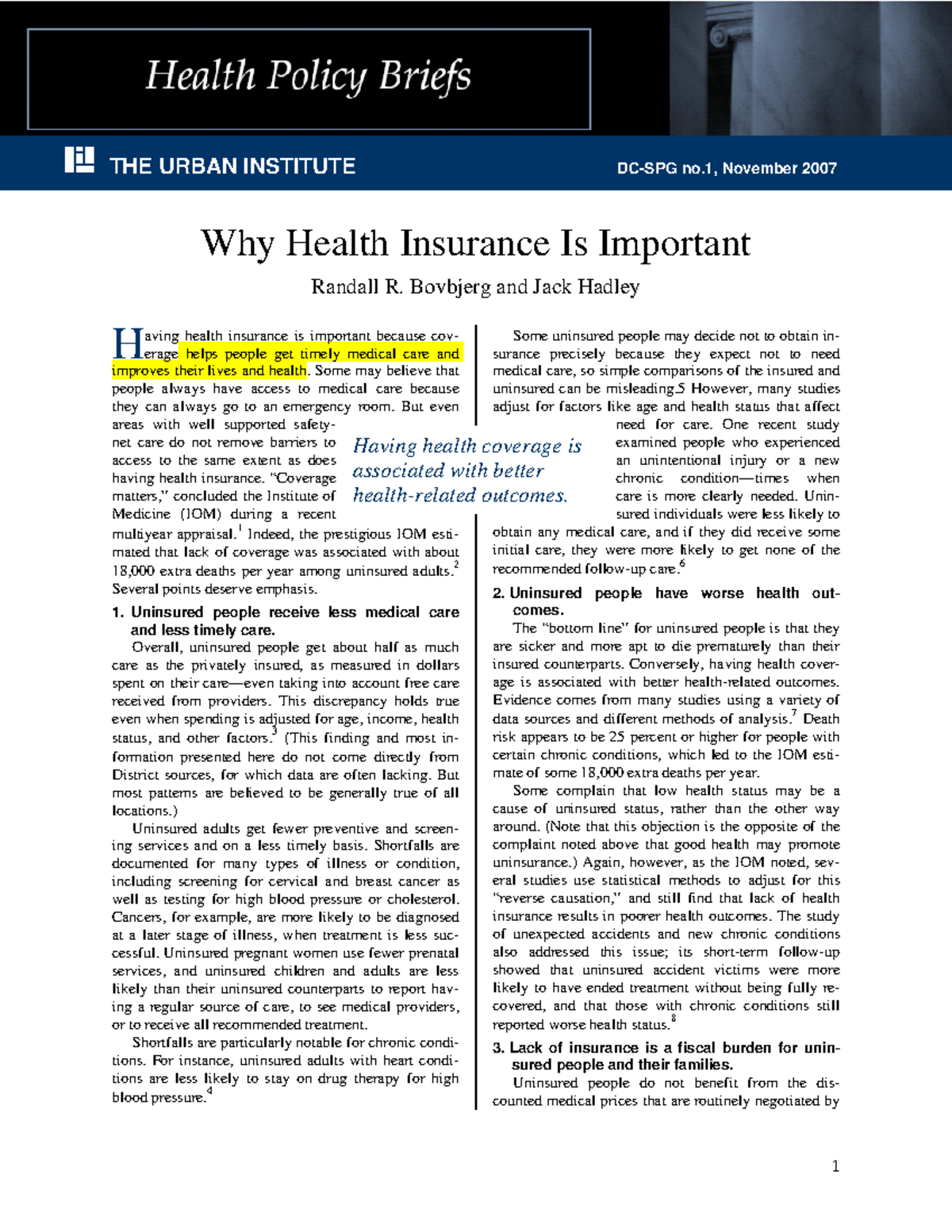 HSM476 - Article Review - 1 Health Policy Brief Importance of Insurance ...