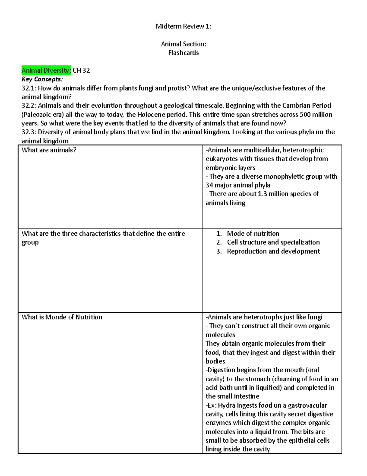 Midterm 1 review- Bio 225 - Midterm Review 1: Animal Section ...