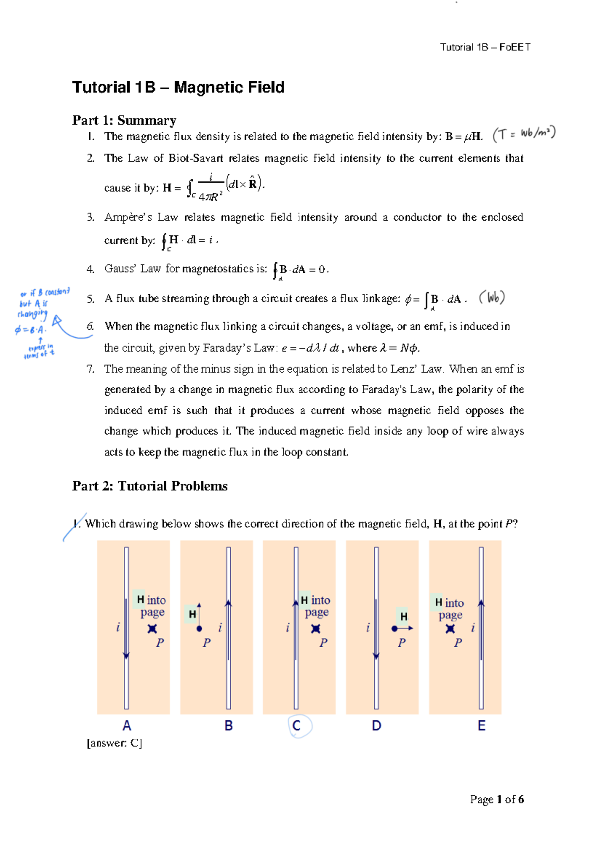 1b tutorial week 5 - C 2 Tutorial 1B – Magnetic Field Part 1: Summary 1 ...