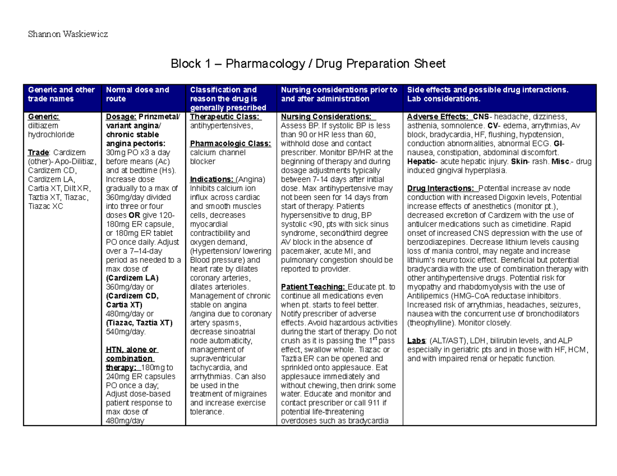 Block 1 Drug Preparation Sheet - Shannon Waskiewicz Block 1 ...